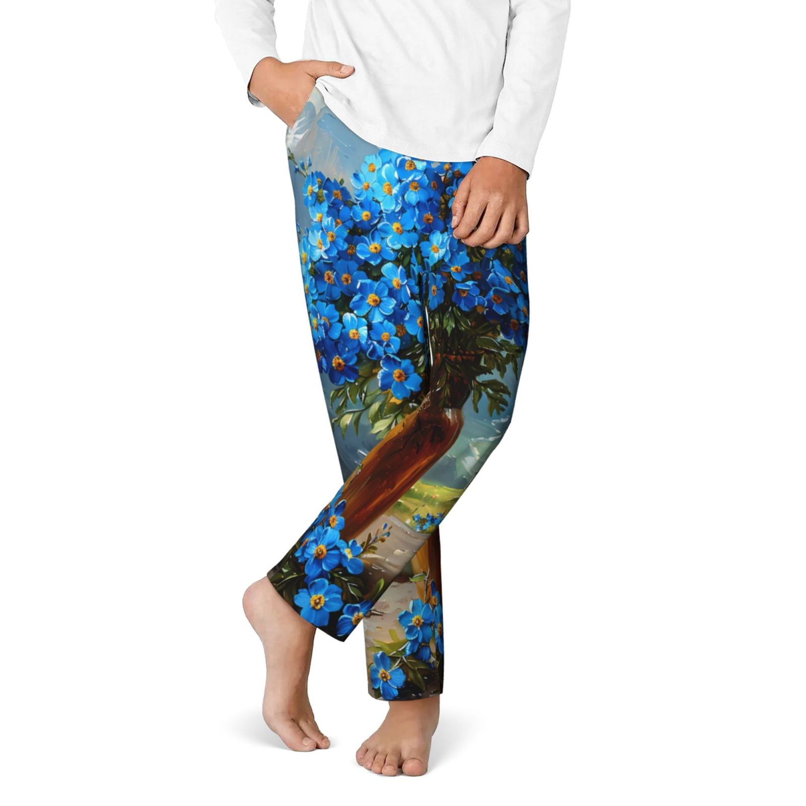 Derioi Mountain Blue Flowers Vase for Pajama Pants Men Elastic ...