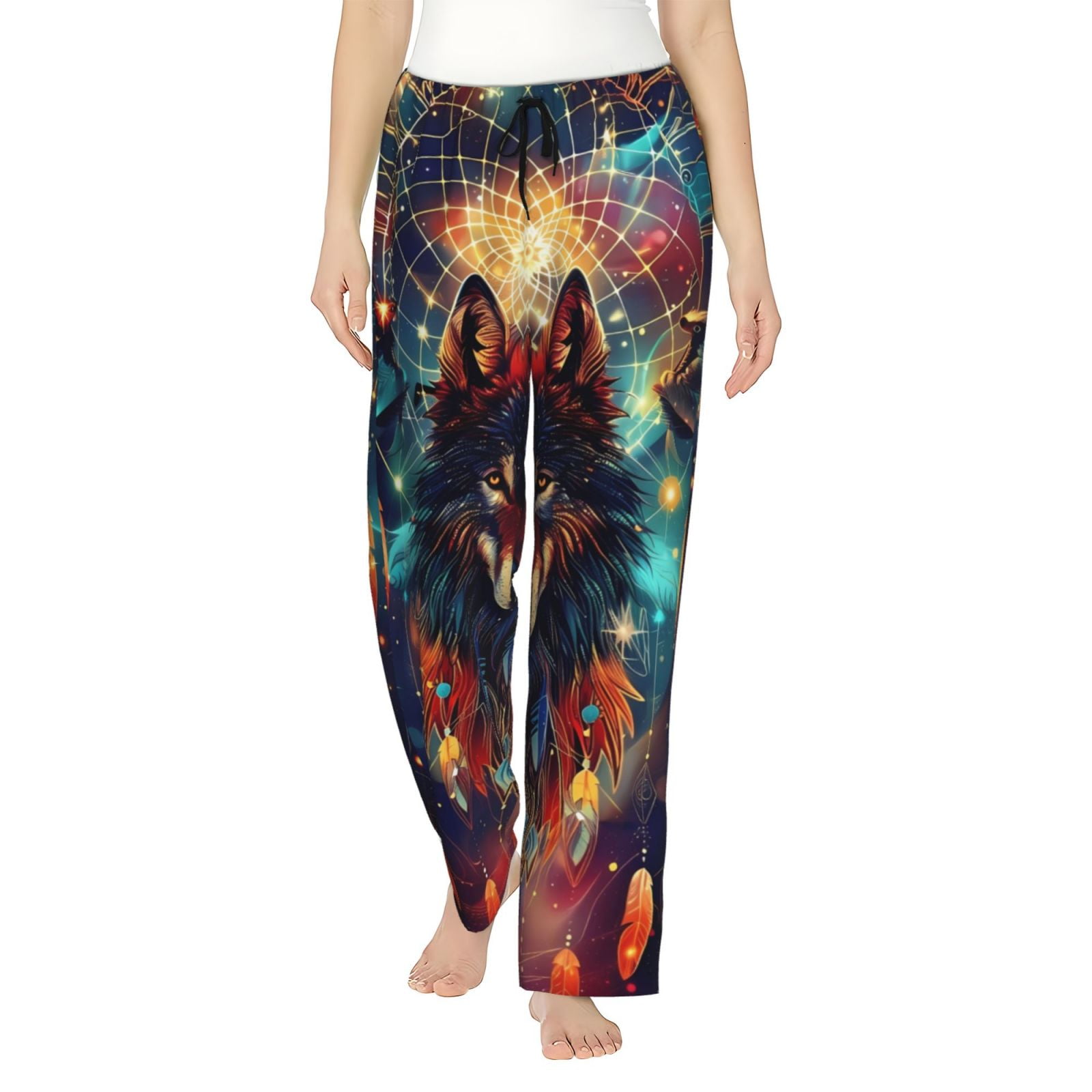 Derioi Mystic Wolf Dreamcatcher for Women's Pajama Pants with Pockets ...