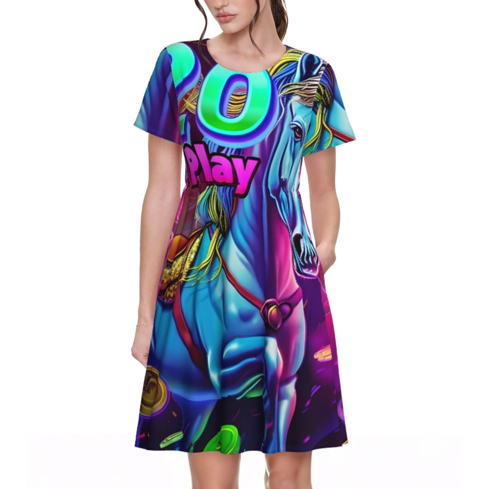Derioi Neon Free Play for Summer Short Sleeve Swing Dresses with ...