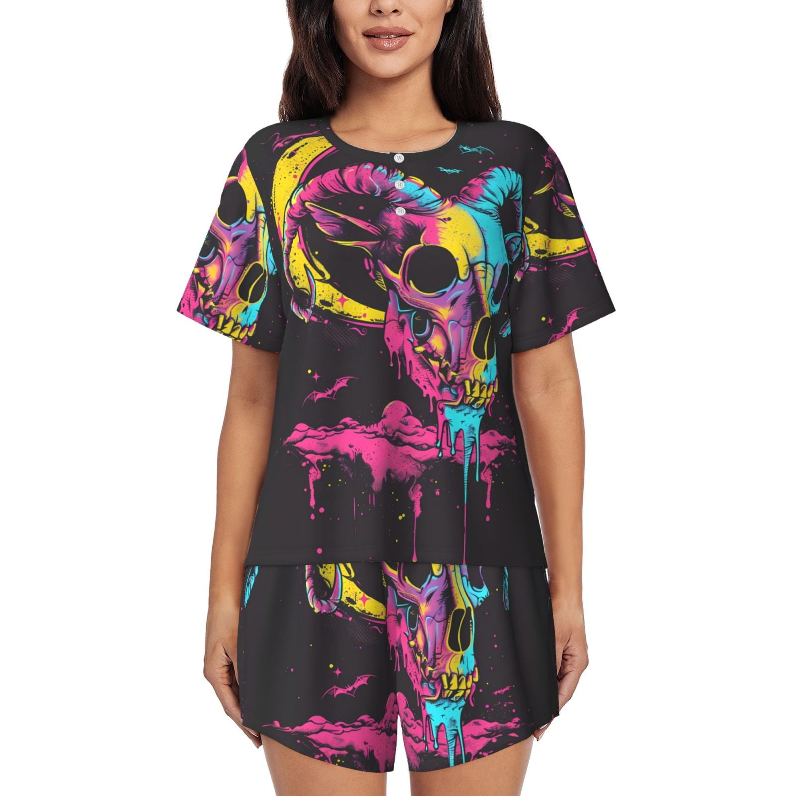 Derioi Neon Gothic Skull Moon for Women's Short-Sleeved Pajama 2 Piece ...