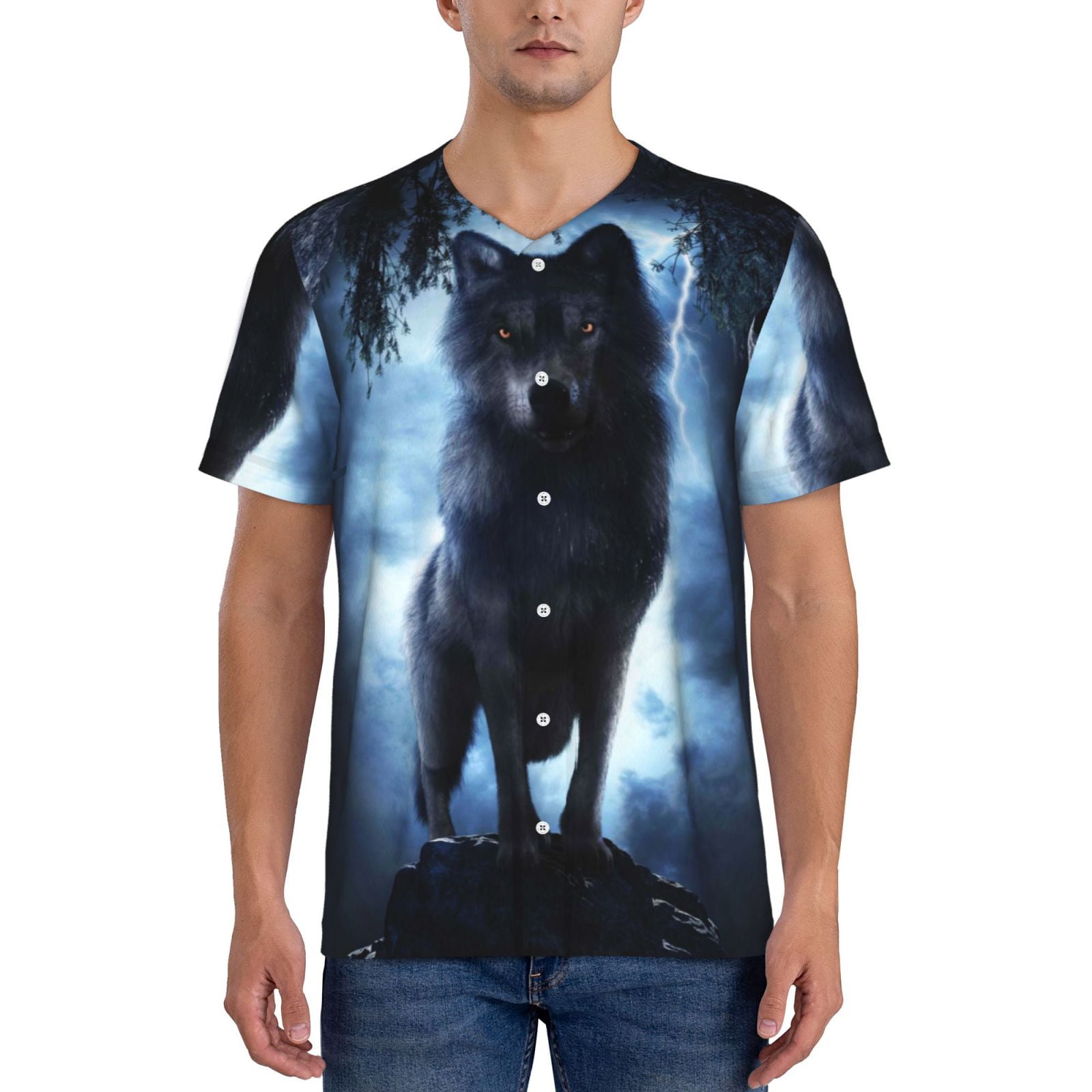 Derioi Night Scene of Wolves for Men's Baseball T-shirt Short Sleeves ...