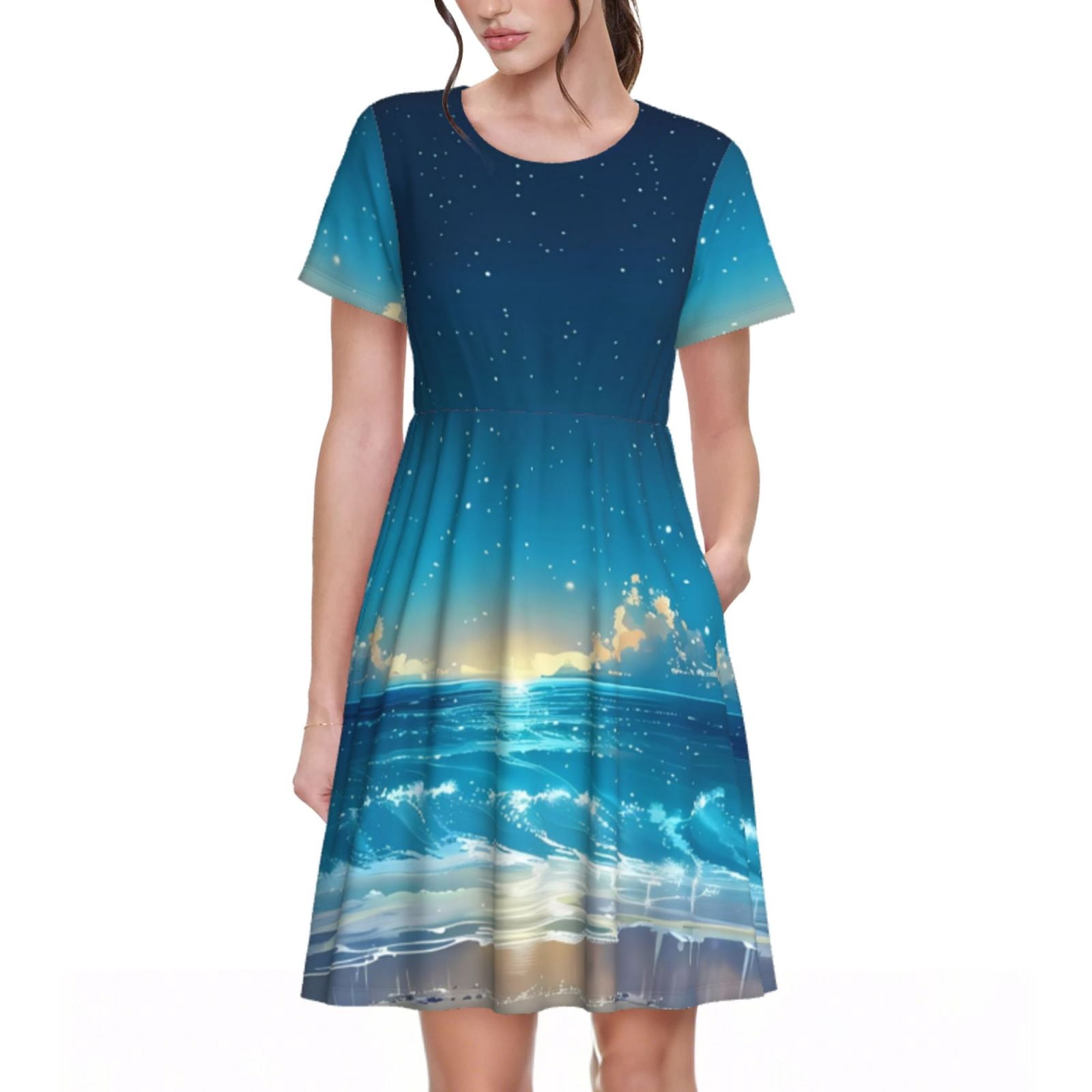 Derioi Night Sky Beach Scene for Summer Short Sleeve Swing Dresses with ...