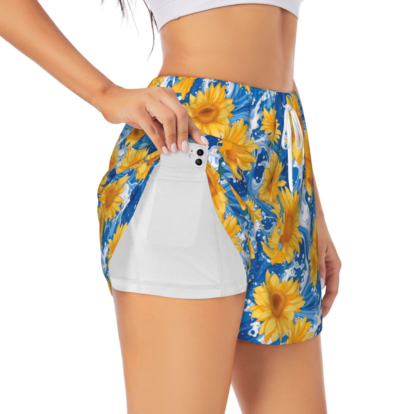 Derioi Ocean Wave Sunflower for Women's Double Layer Sports Shorts with ...