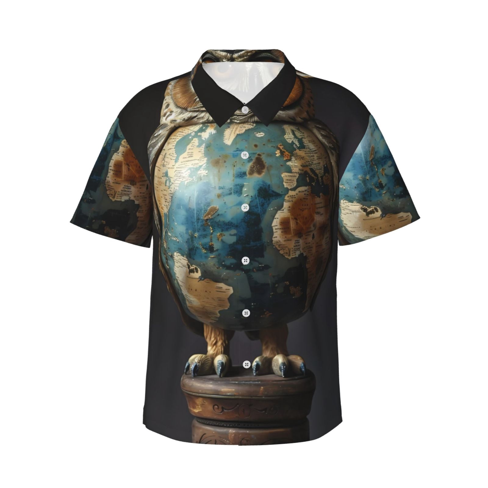 Derioi Owl Globe Sculpture for Hawaiian Shirt for Men Casual Button ...