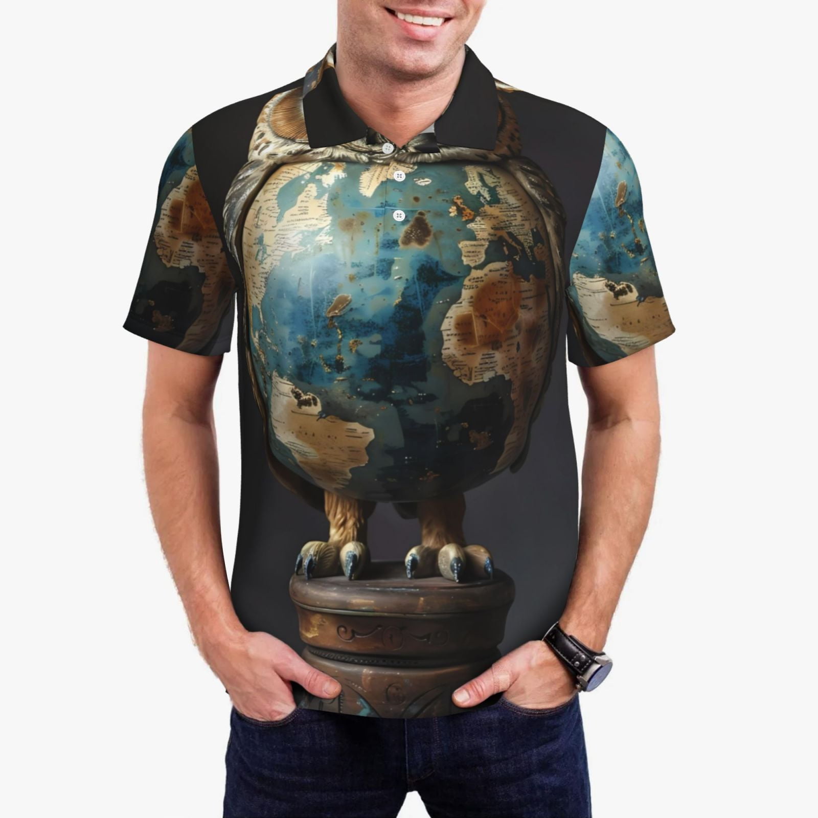 Derioi Owl Globe Sculpture for Men's Polo Shirts Short Sleeve Golf ...
