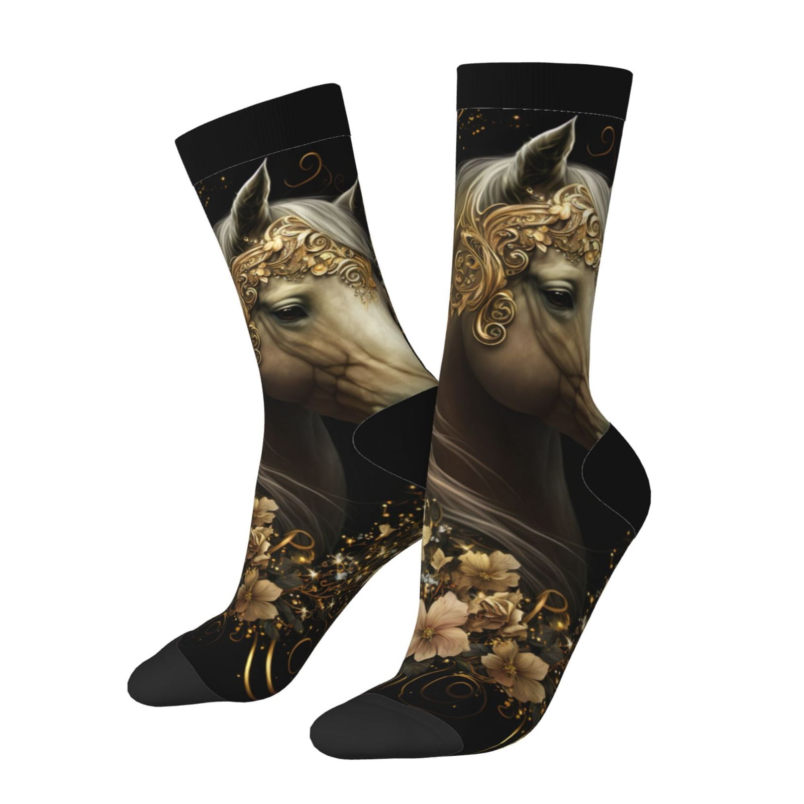 Derioi Palatial Gold Pattern Horse Printed Middle Tube Socks for Adults ...