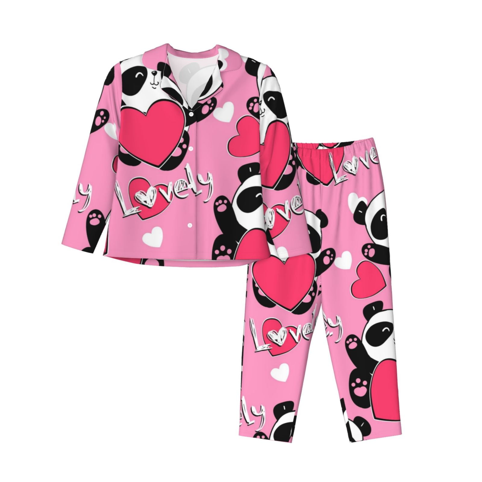 Derioi Panda Heart Valentine Pink for Button Up Pajamas for Women Women ...
