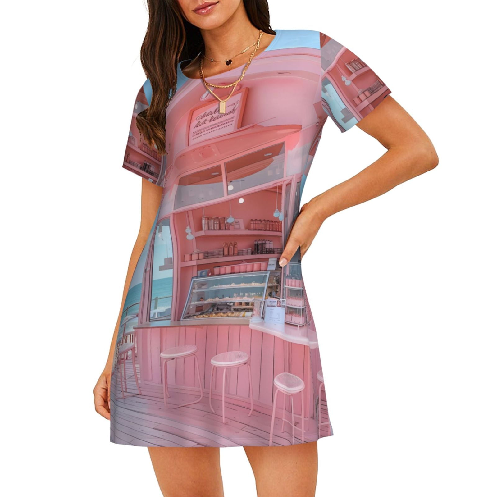 Derioi Pastel Pink Beach Cafe for Women's Short-sleeved Nightdress ...