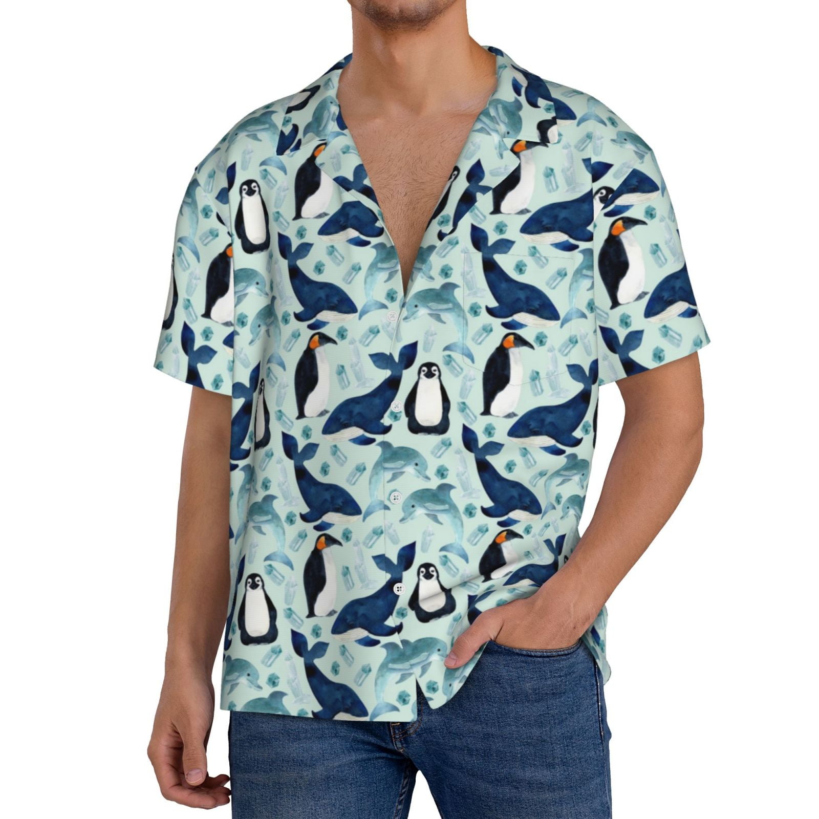 Derioi Penguins Whales for Men's Cuban Collar Short Sleeve Casual Button Down Shirts Summer ...