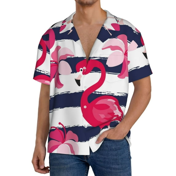Derioi Pink Flamingos for Men's Cuban Collar Short Sleeve Casual Button ...