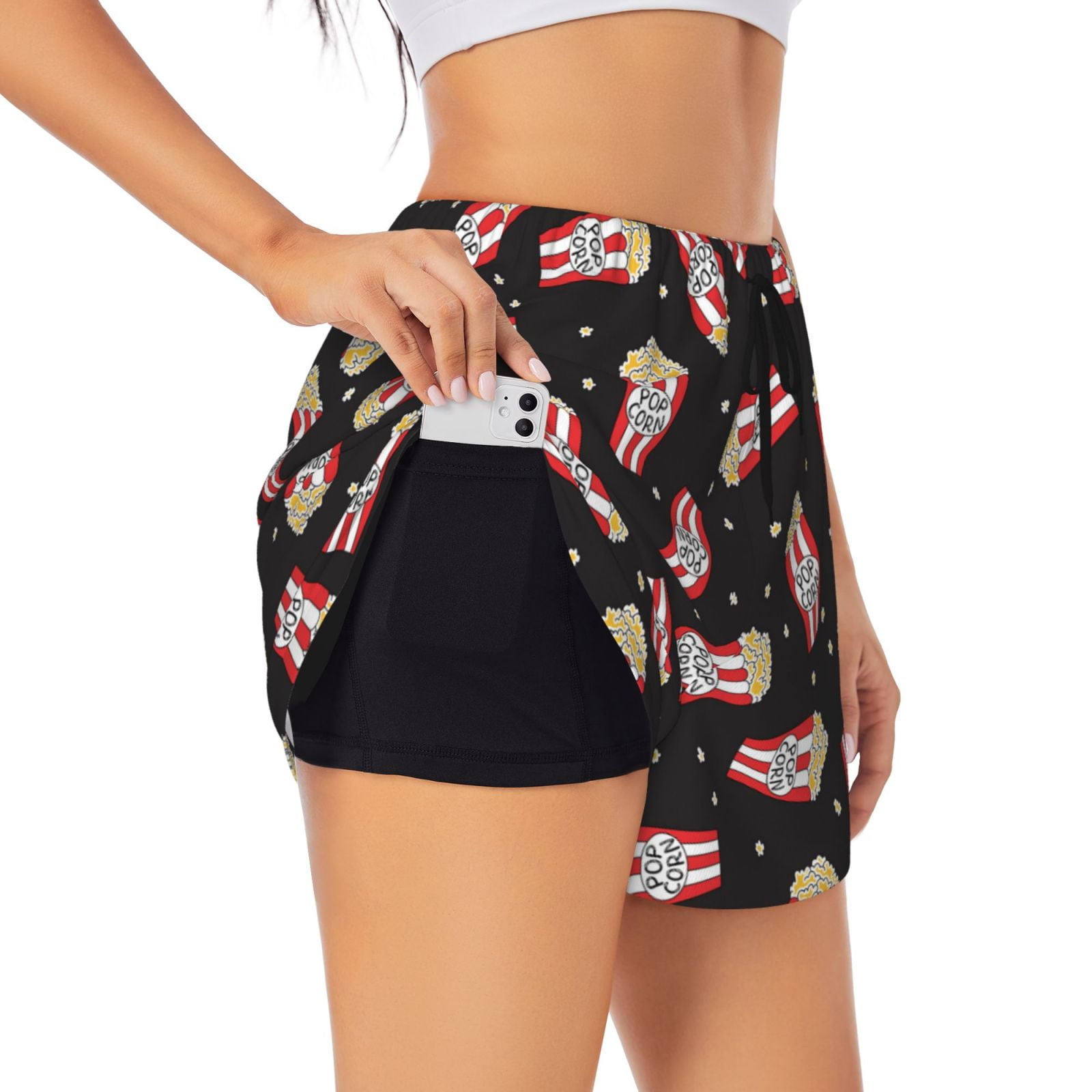 Derioi Popcorn for Women's Double Layer Sports Shorts with Pockets ...