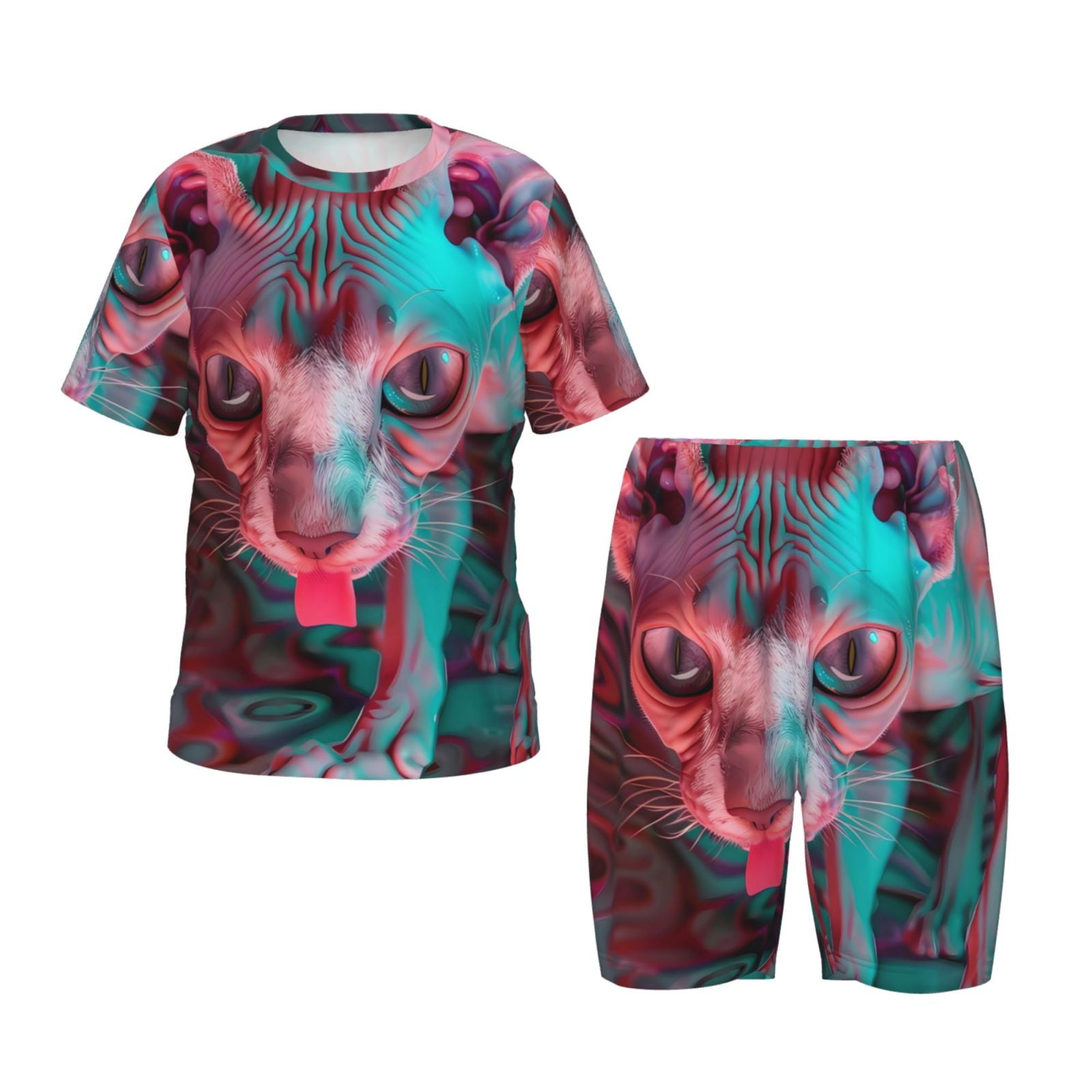 Derioi Psychedelic Hairless Cat for Short-Sleeved Summer Pajama Set for ...