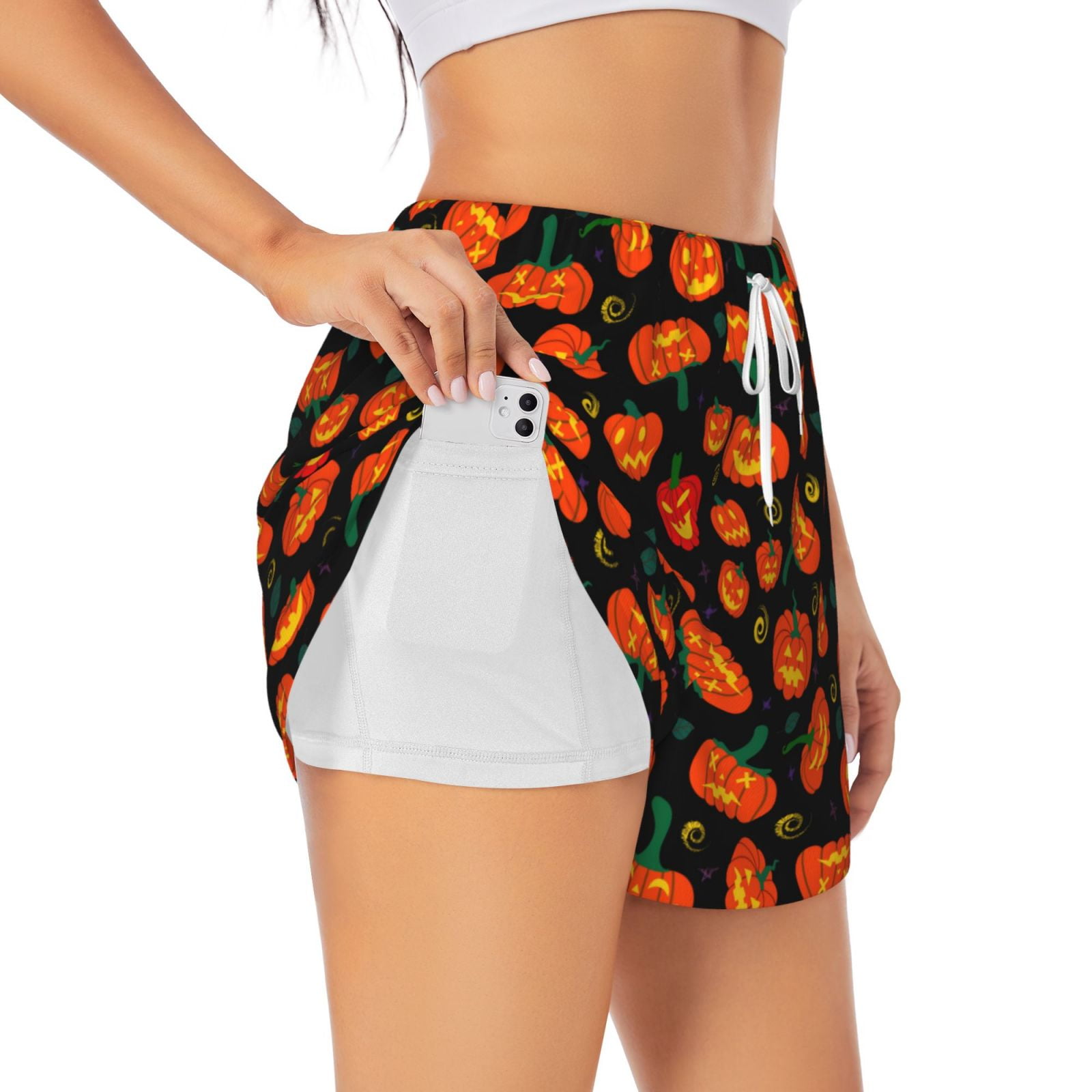 Derioi Pumpkin Fallen Leaves for Women's Double Layer Sports Shorts ...