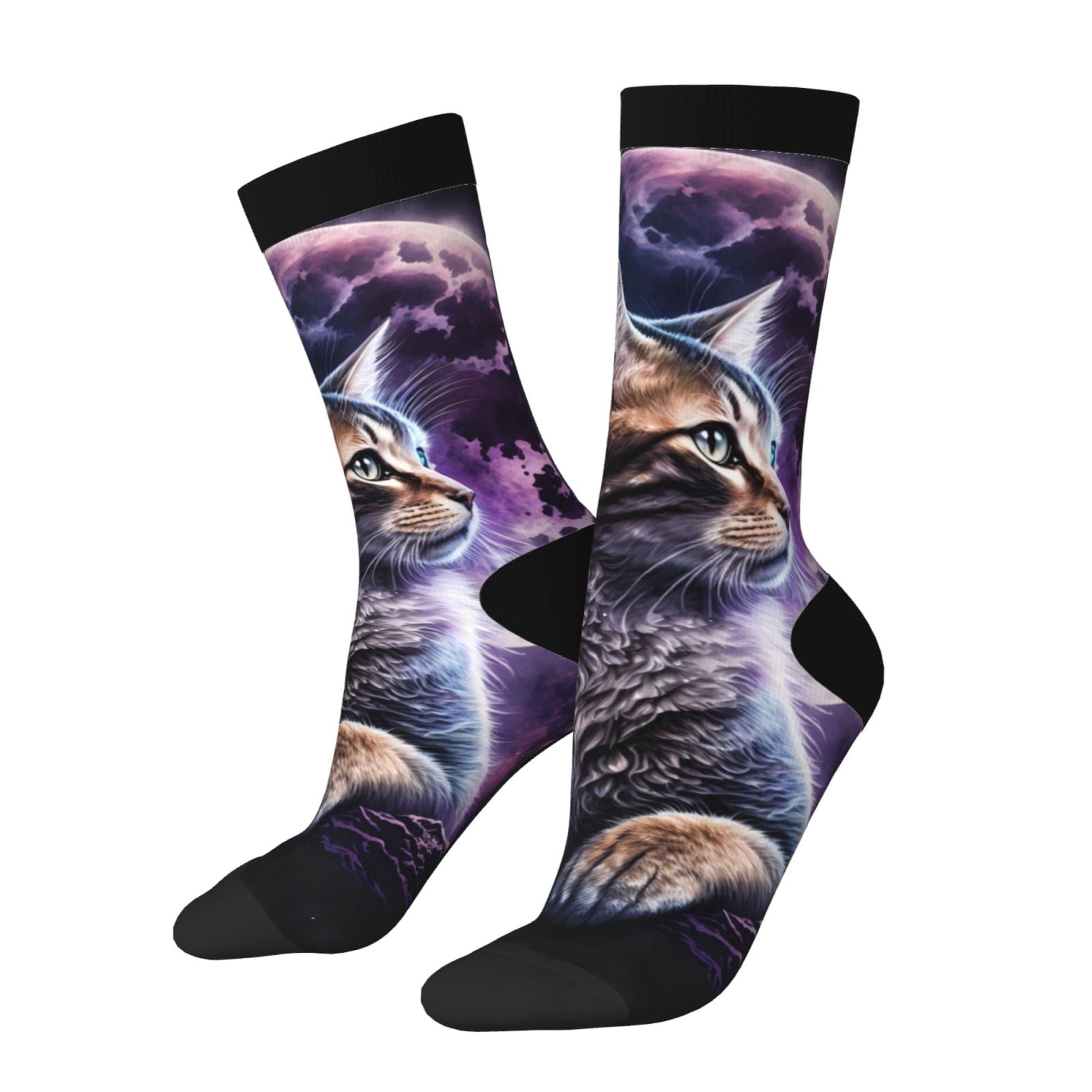 Derioi Purple Moon Cat Printed Middle Tube Socks for Adults for Women ...