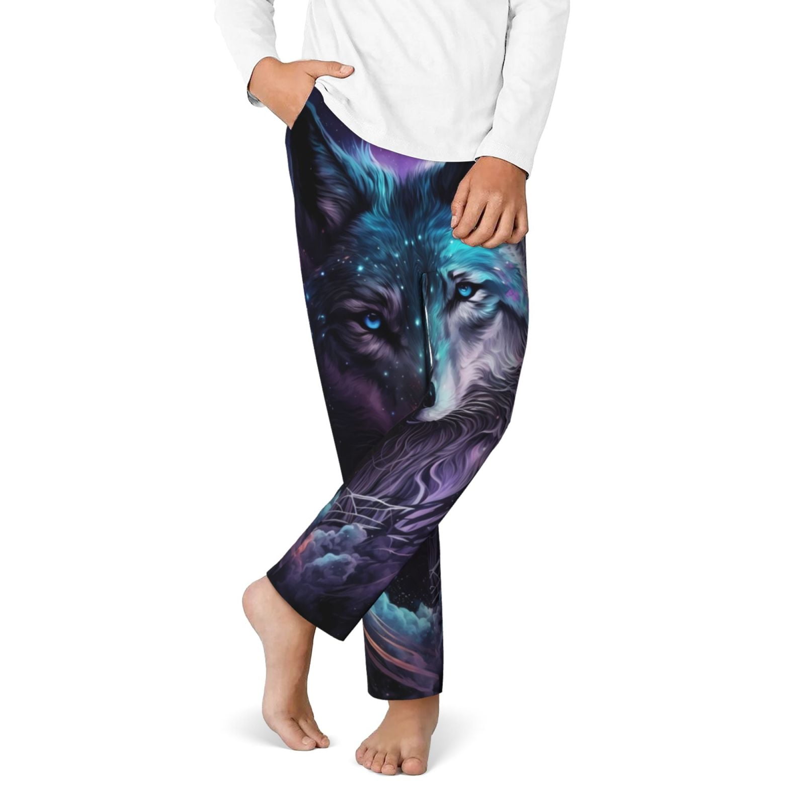 Derioi Purple Sky Wolf for Pajama Pants Men Elastic Waistband Sleep ...