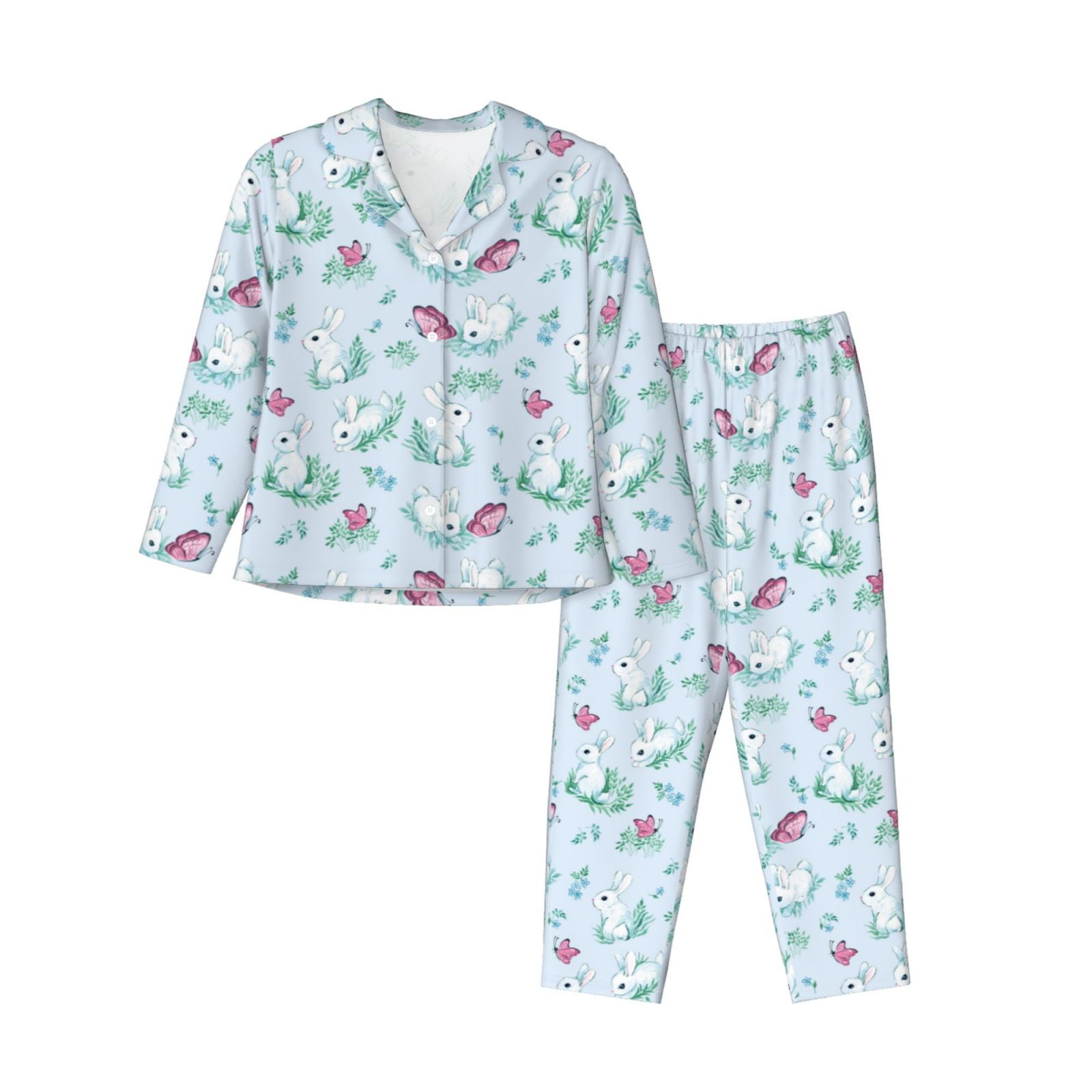 Derioi Rabbit And Butterfly for Button Up Pajamas for Women Women’s Sleepwear Pj Sets for Woman ...