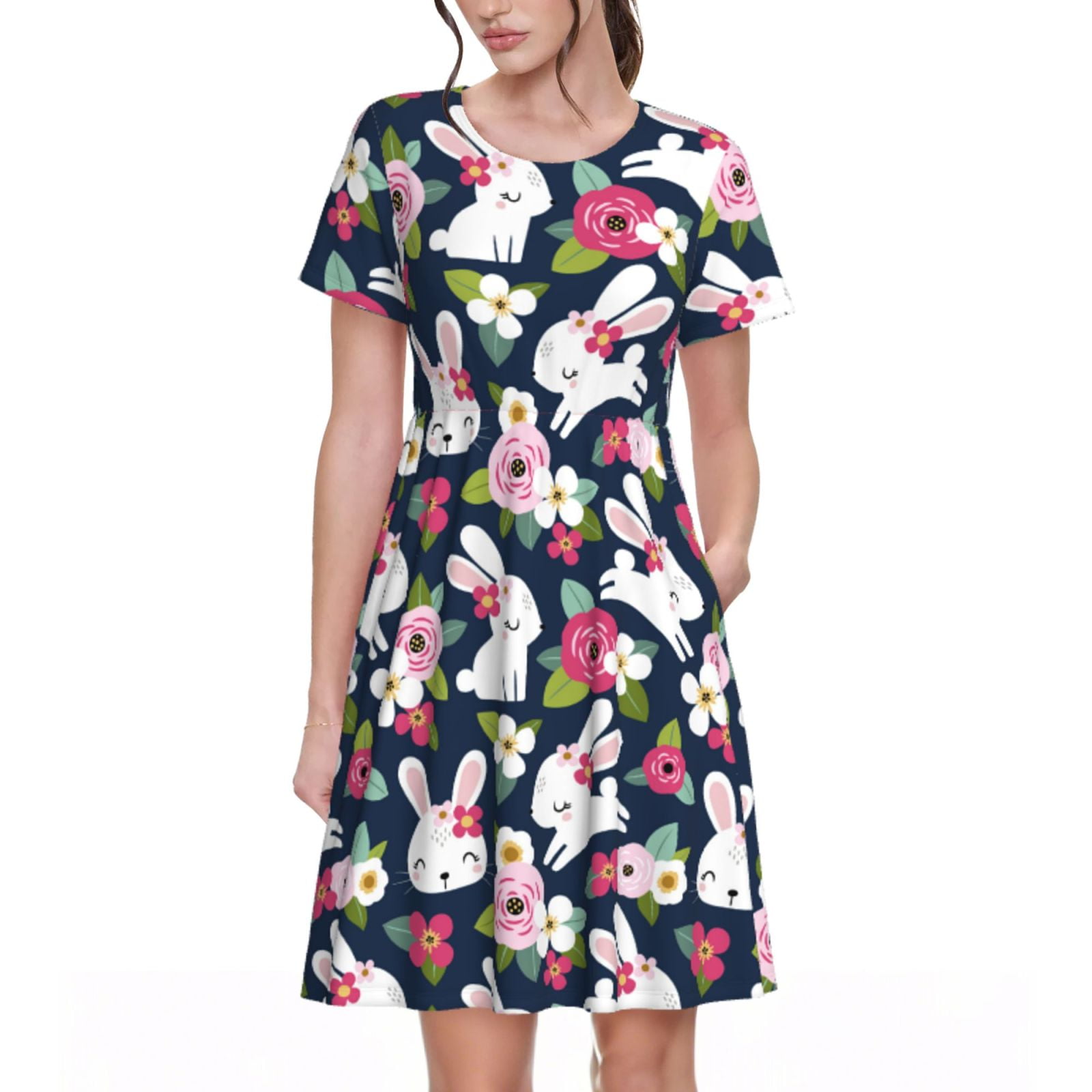 Derioi Rabbit And Rose for Summer Short Sleeve Swing Dresses with ...