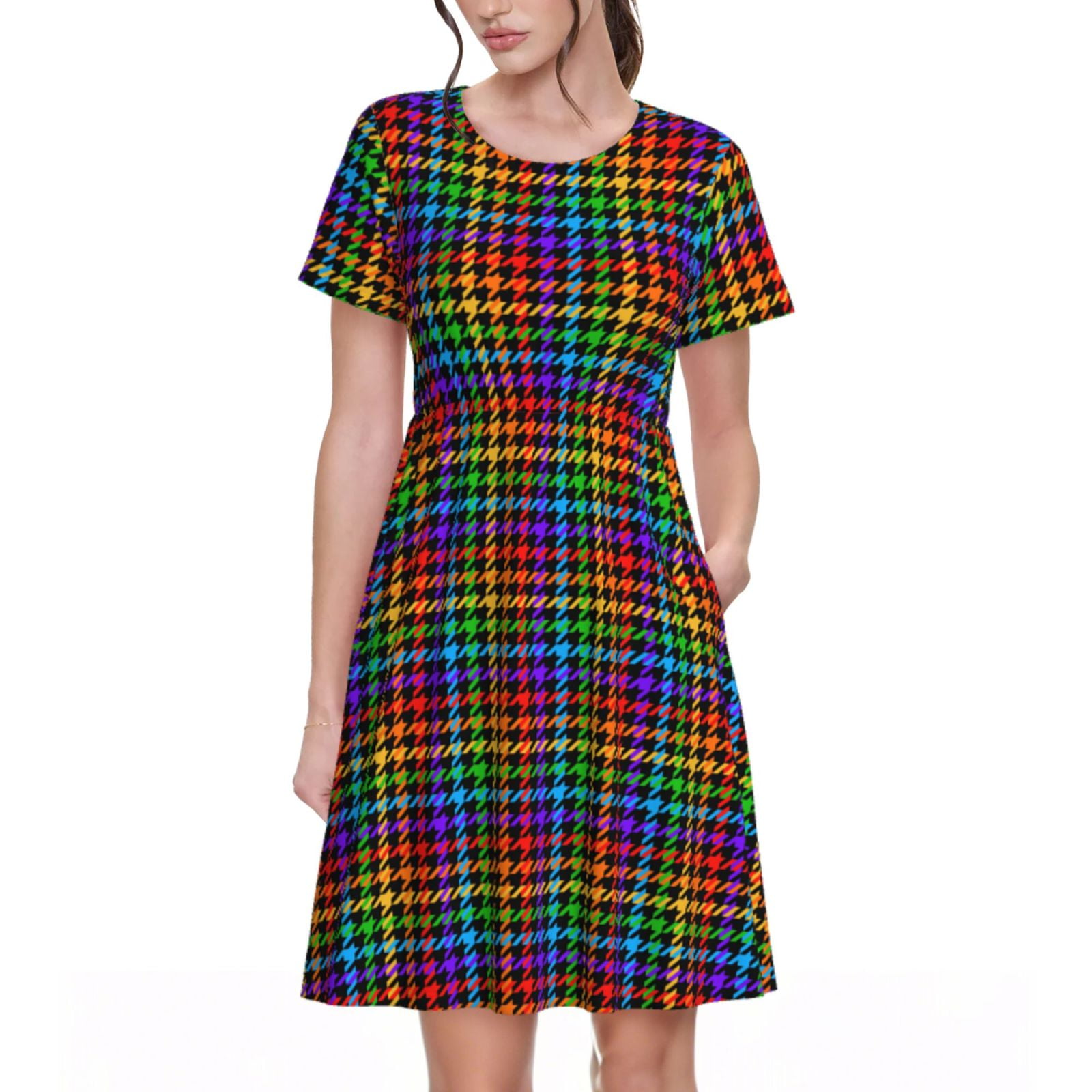 Derioi Rainbow Houndstooth for Summer Short Sleeve Swing Dresses with ...