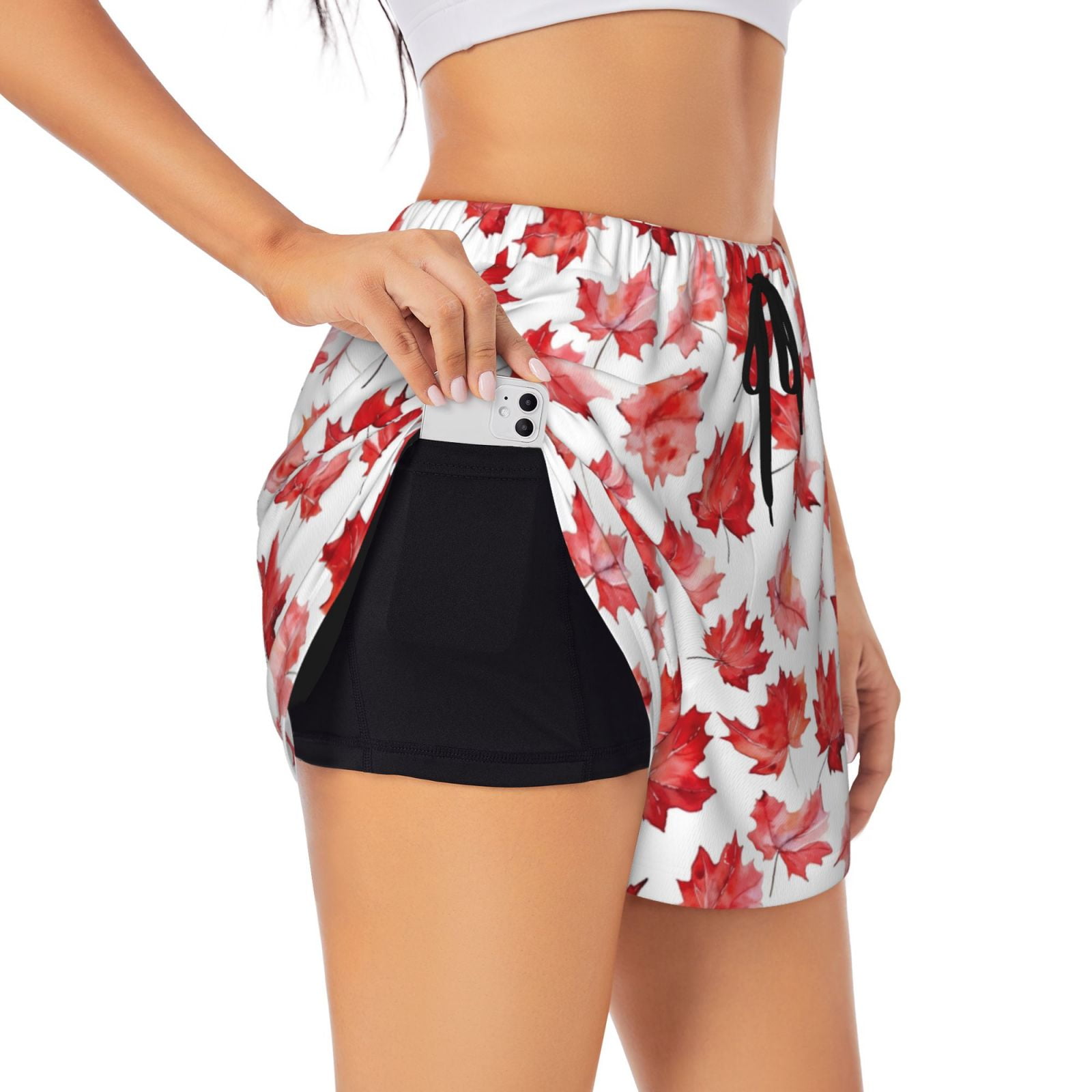 Derioi Realistic Maple Leaf for Women's Double Layer Sports Shorts with ...