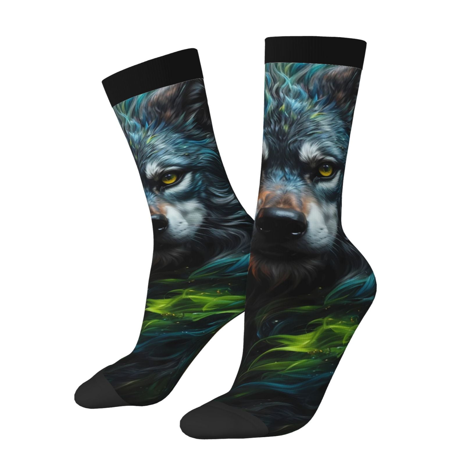 Derioi Realistic Style Green Fur Wolf Printed Middle Tube Socks for ...