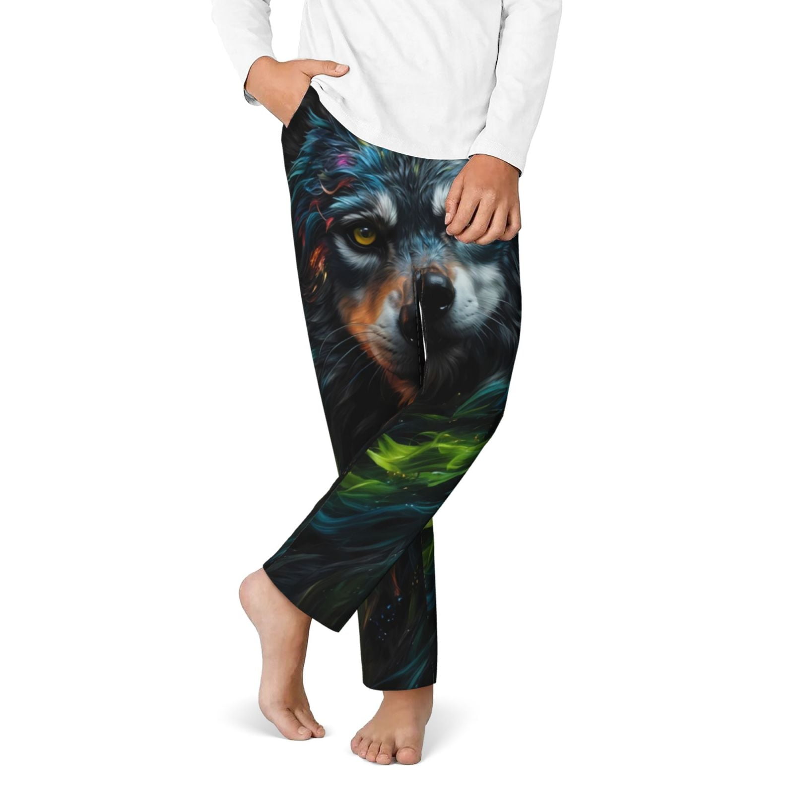 Derioi Realistic Style Green Fur Wolf for Pajama Pants Men Elastic ...