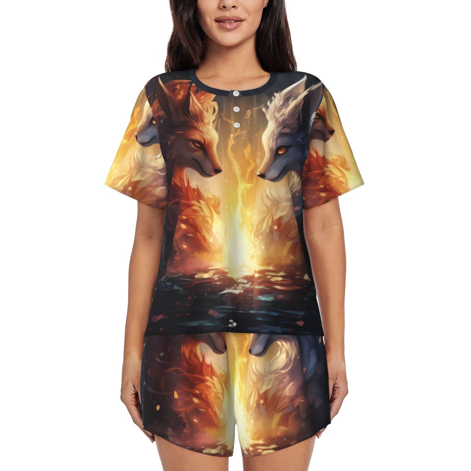 Derioi Red And White Flame Fox for Women's Short-Sleeved Pajama 2 Piece ...