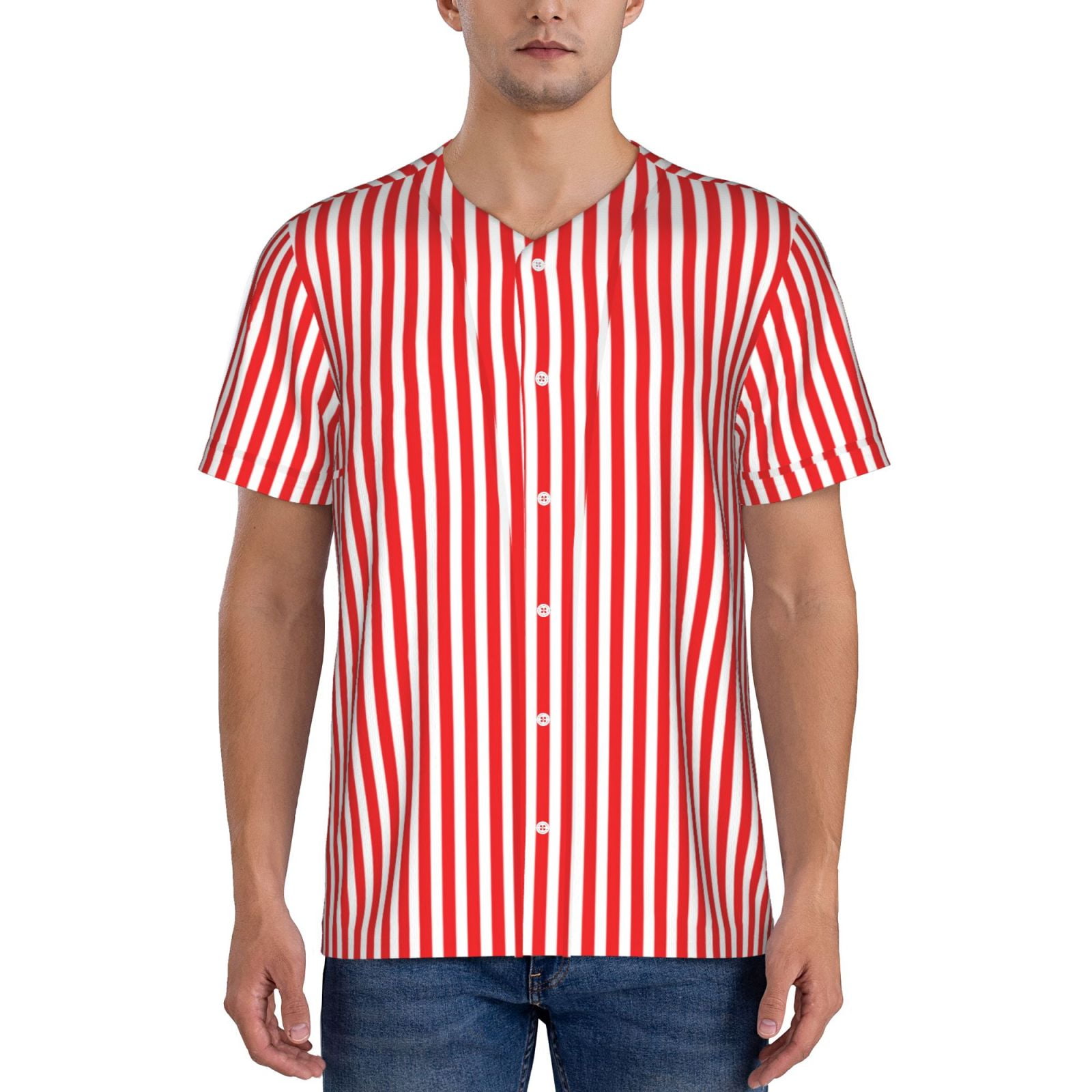 Derioi Red And White Stripes for Men's Baseball T-shirt Short Sleeves ...