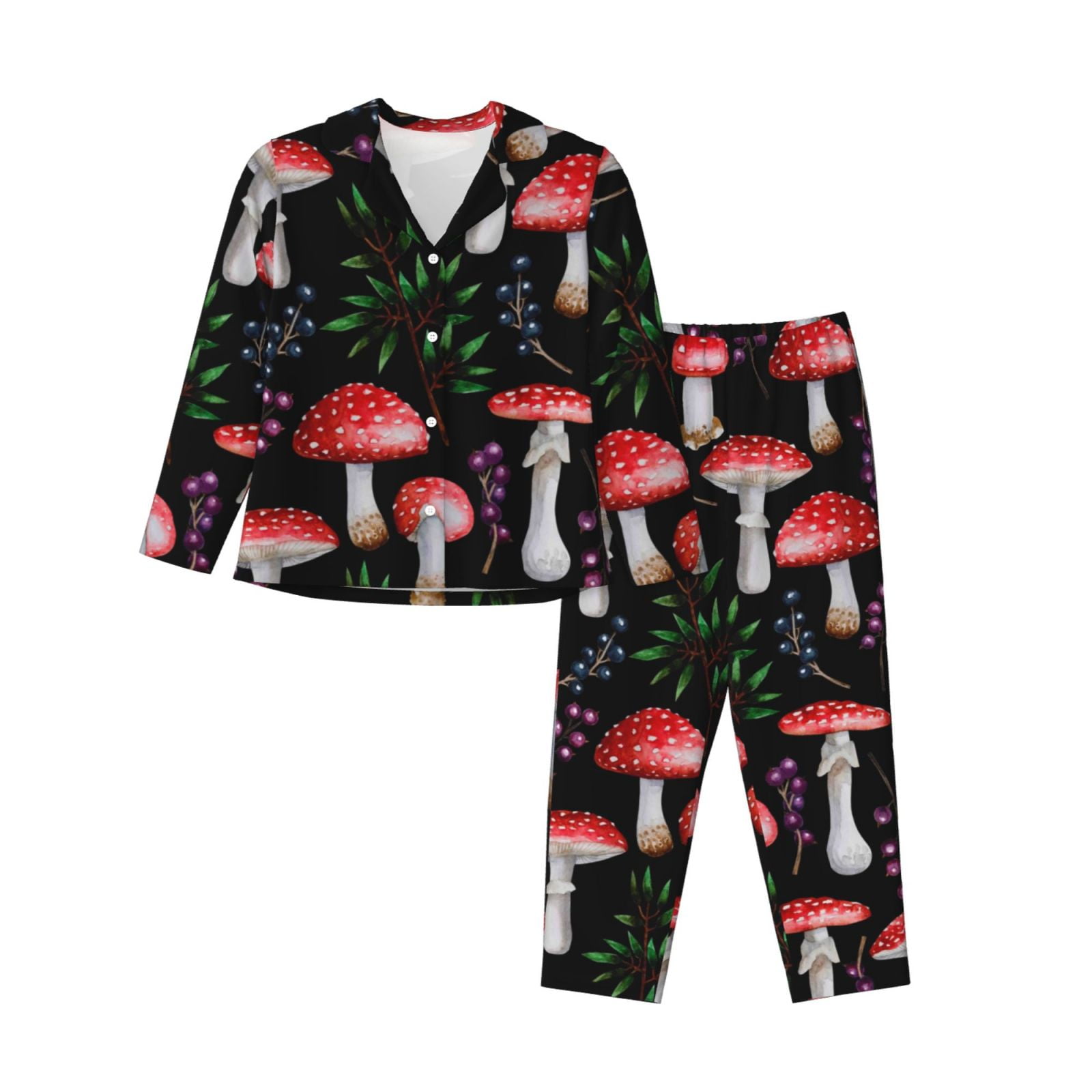 Derioi Red Mushrooms for Button Up Pajamas for Women Women’s Sleepwear ...