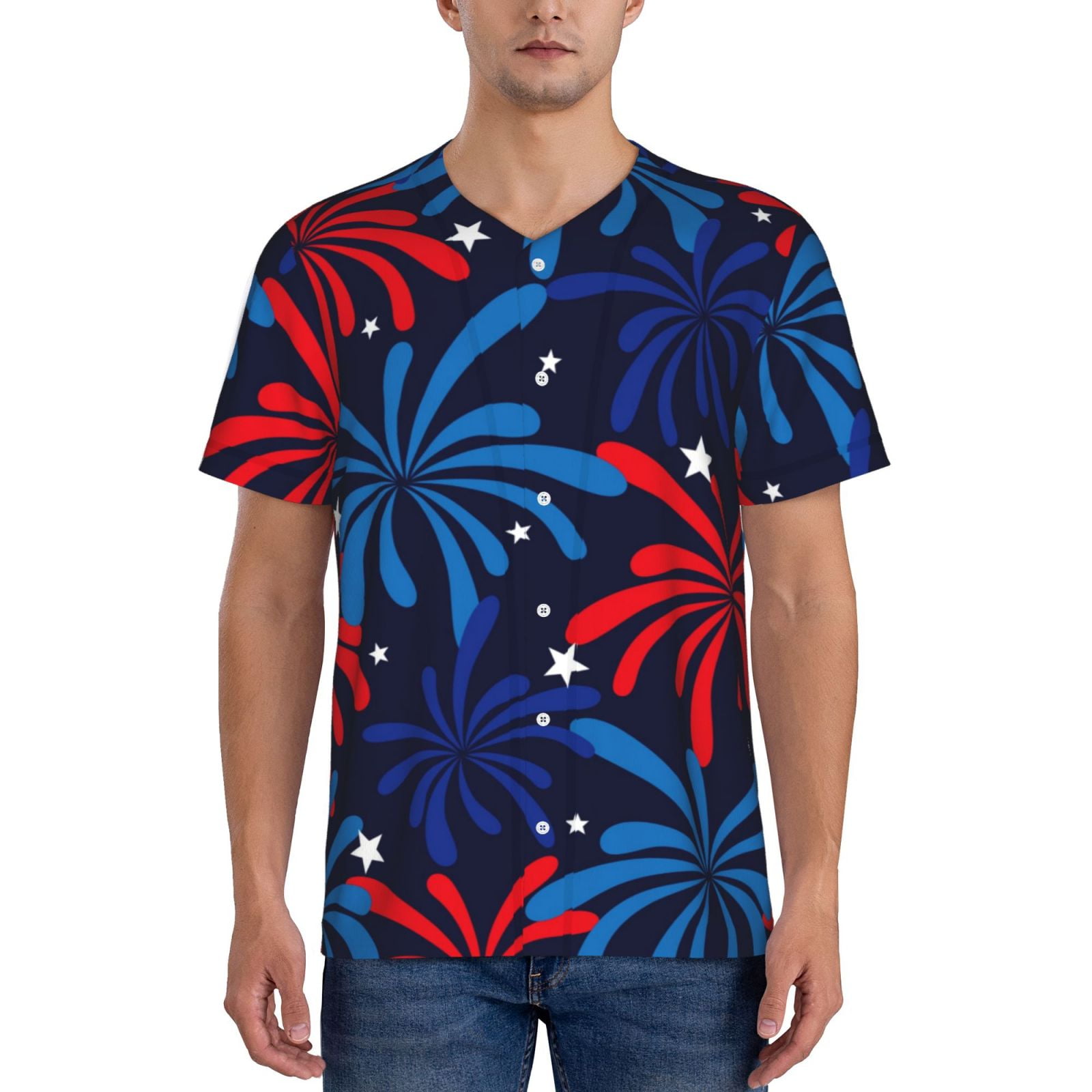 Derioi Red White Blue Fireworks for Men's Baseball T-shirt Short ...