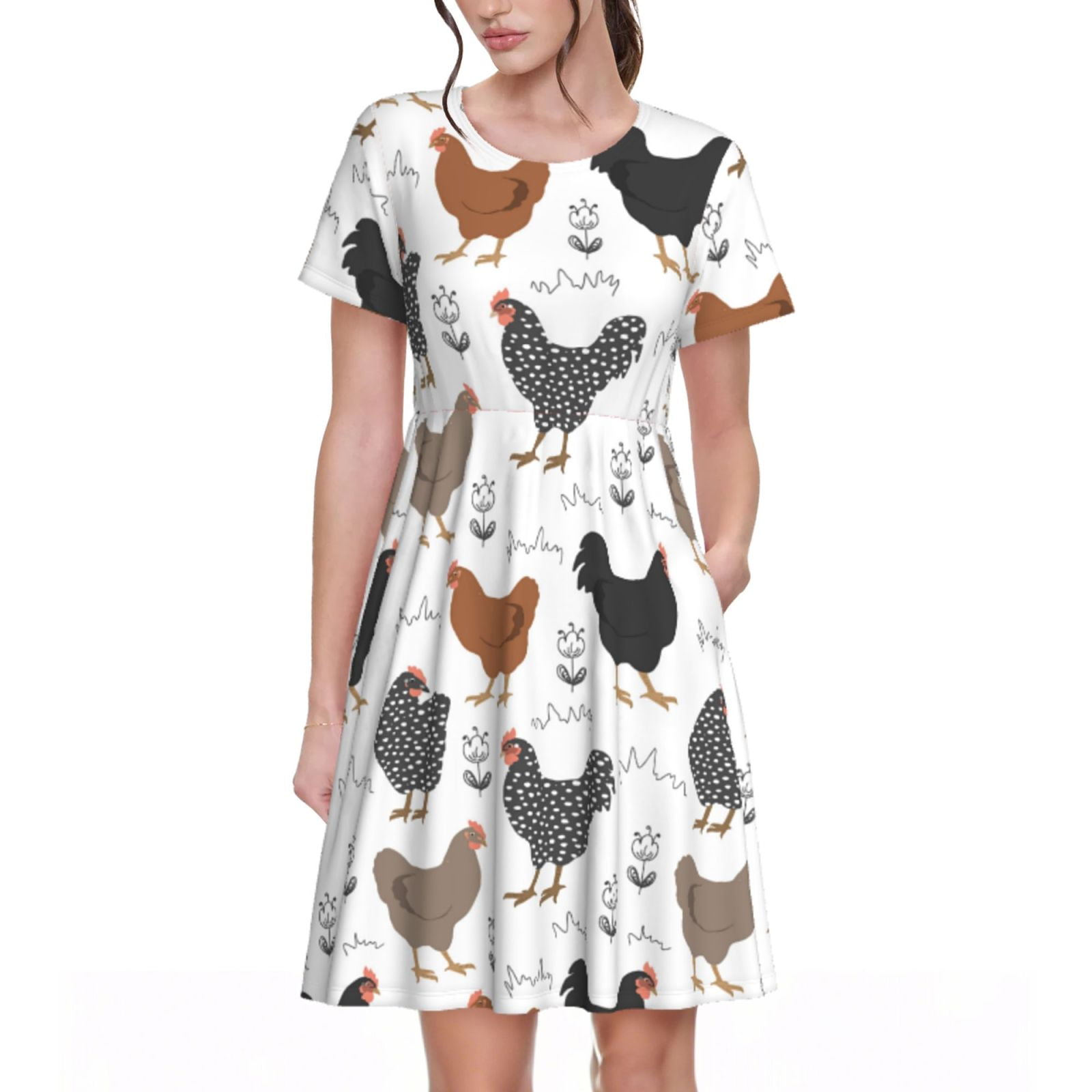 Derioi Retro Rooster for Summer Short Sleeve Swing Dresses with Pockets ...