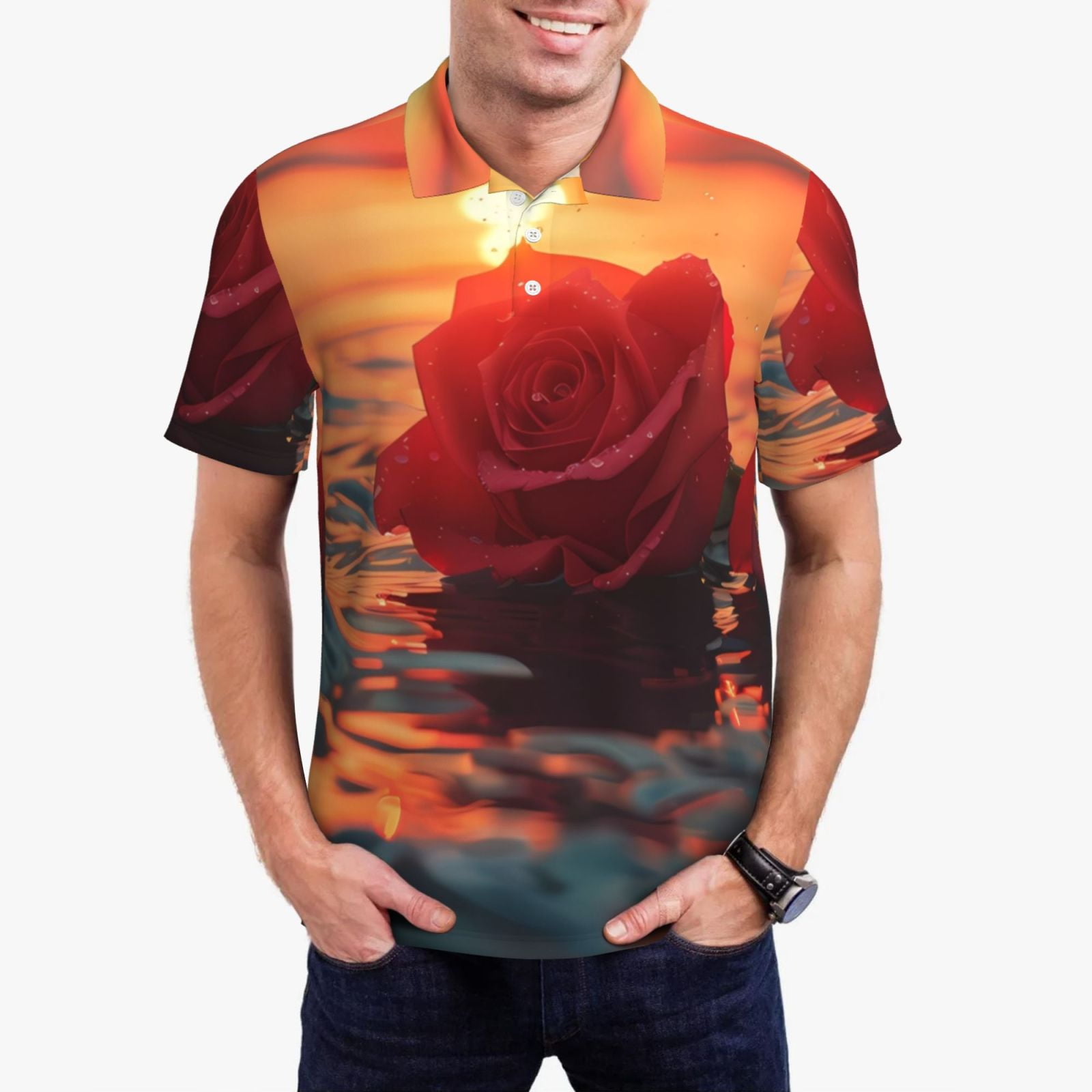Derioi Romantic Roses Sunset Ocean for Men's Polo Shirts Short Sleeve ...