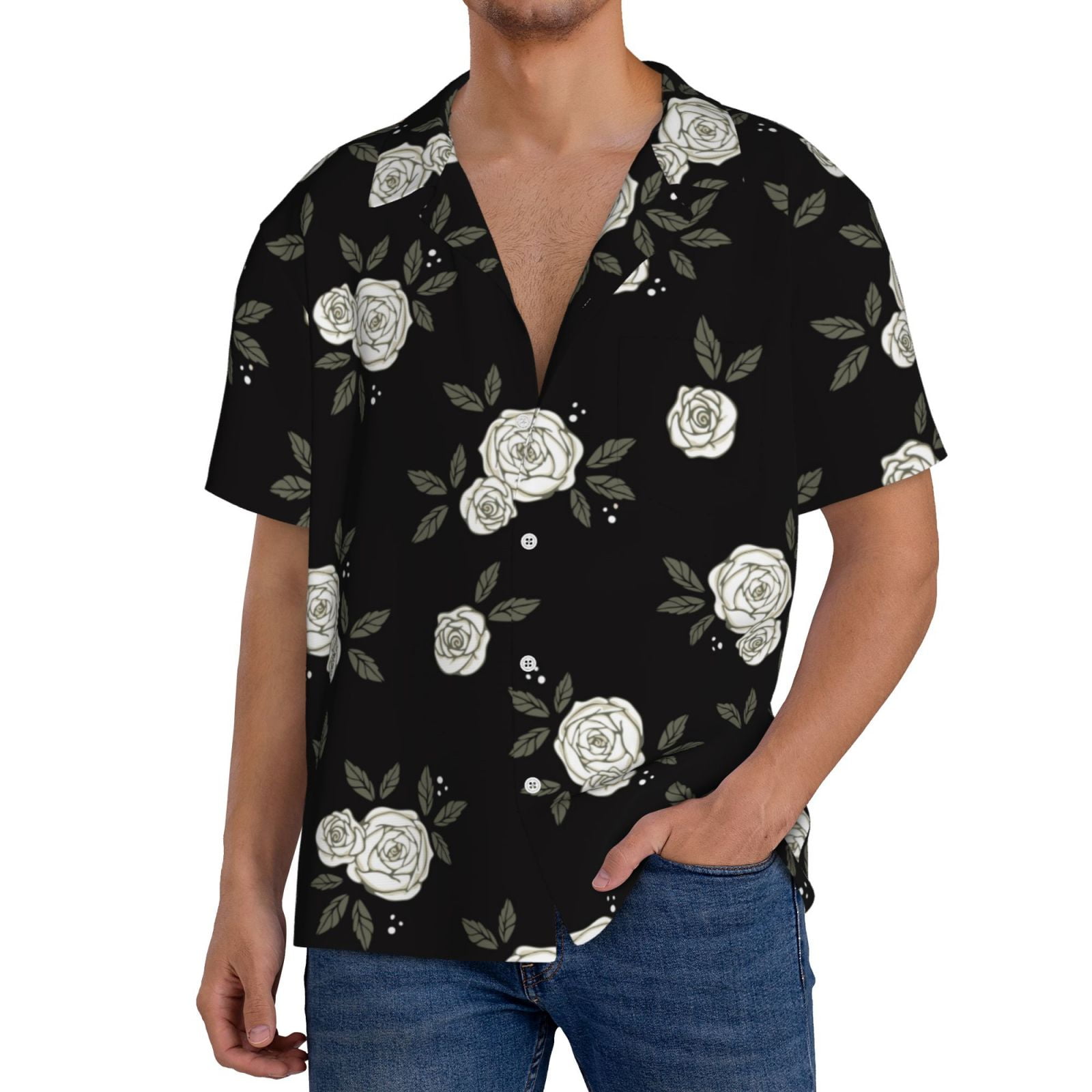 Derioi Rose Flowers for Men's Cuban Collar Short Sleeve Casual Button ...