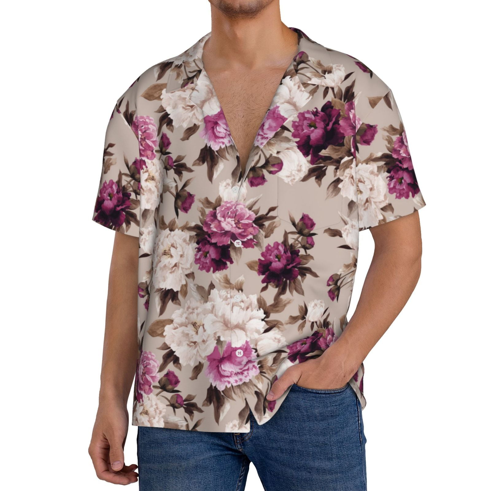 Derioi Rose Flowers for Men's Cuban Collar Short Sleeve Casual Button ...