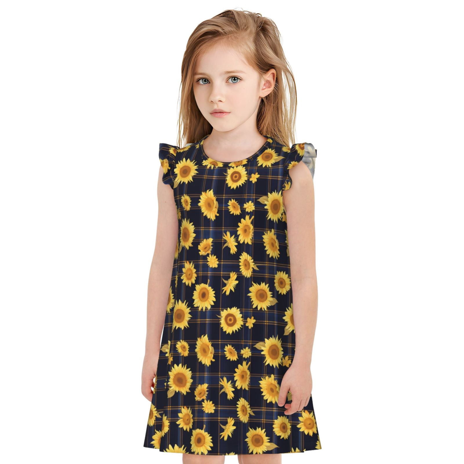Derioi Royal Blue Plaid Sunflower for Girls Nightgowns Night Dress ...