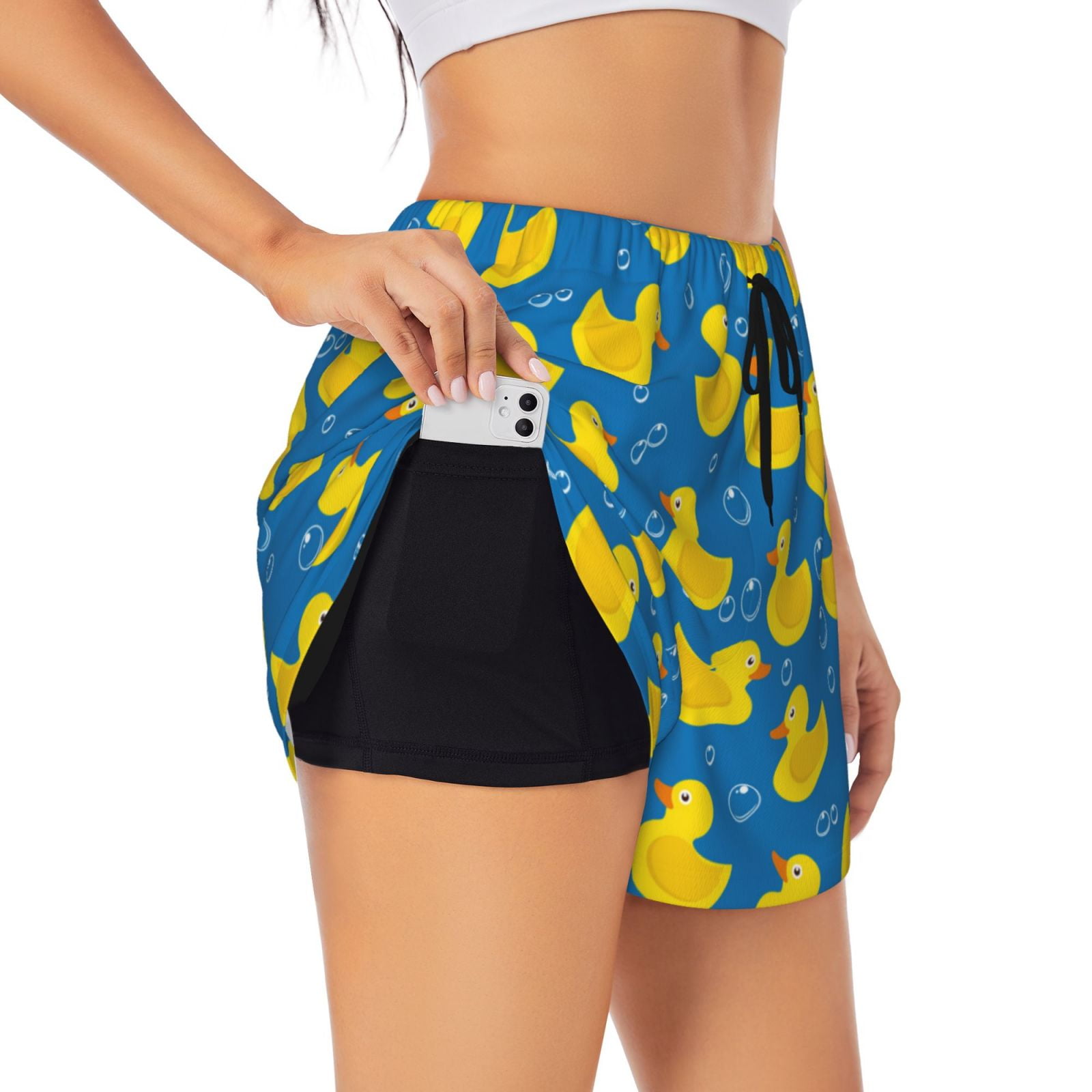 Derioi Rubber Duck for Women's Double Layer Sports Shorts with Pockets ...