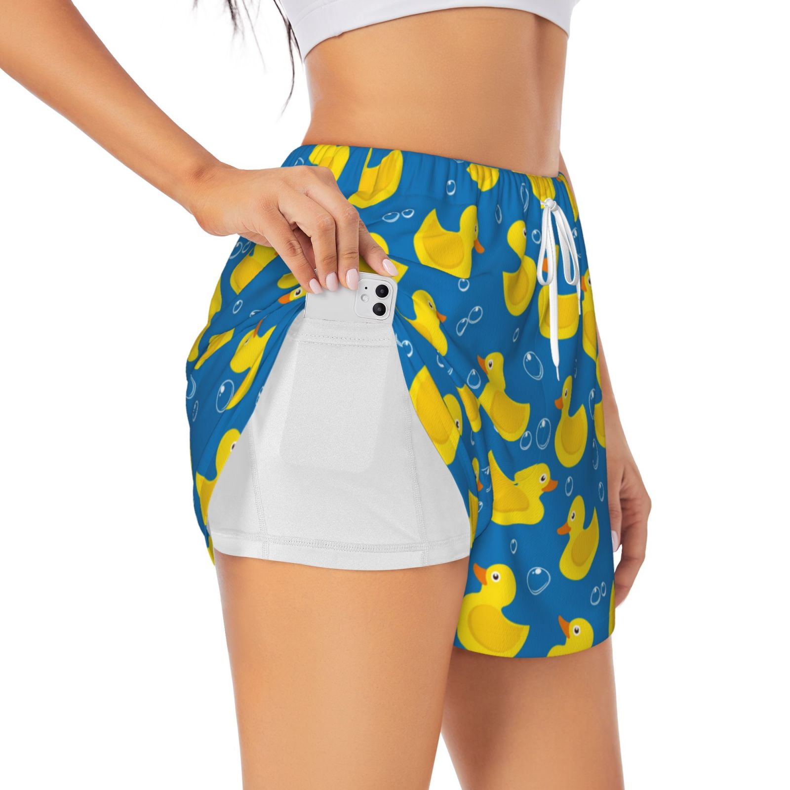 Derioi Rubber Duck for Women's Double Layer Sports Shorts with Pockets ...
