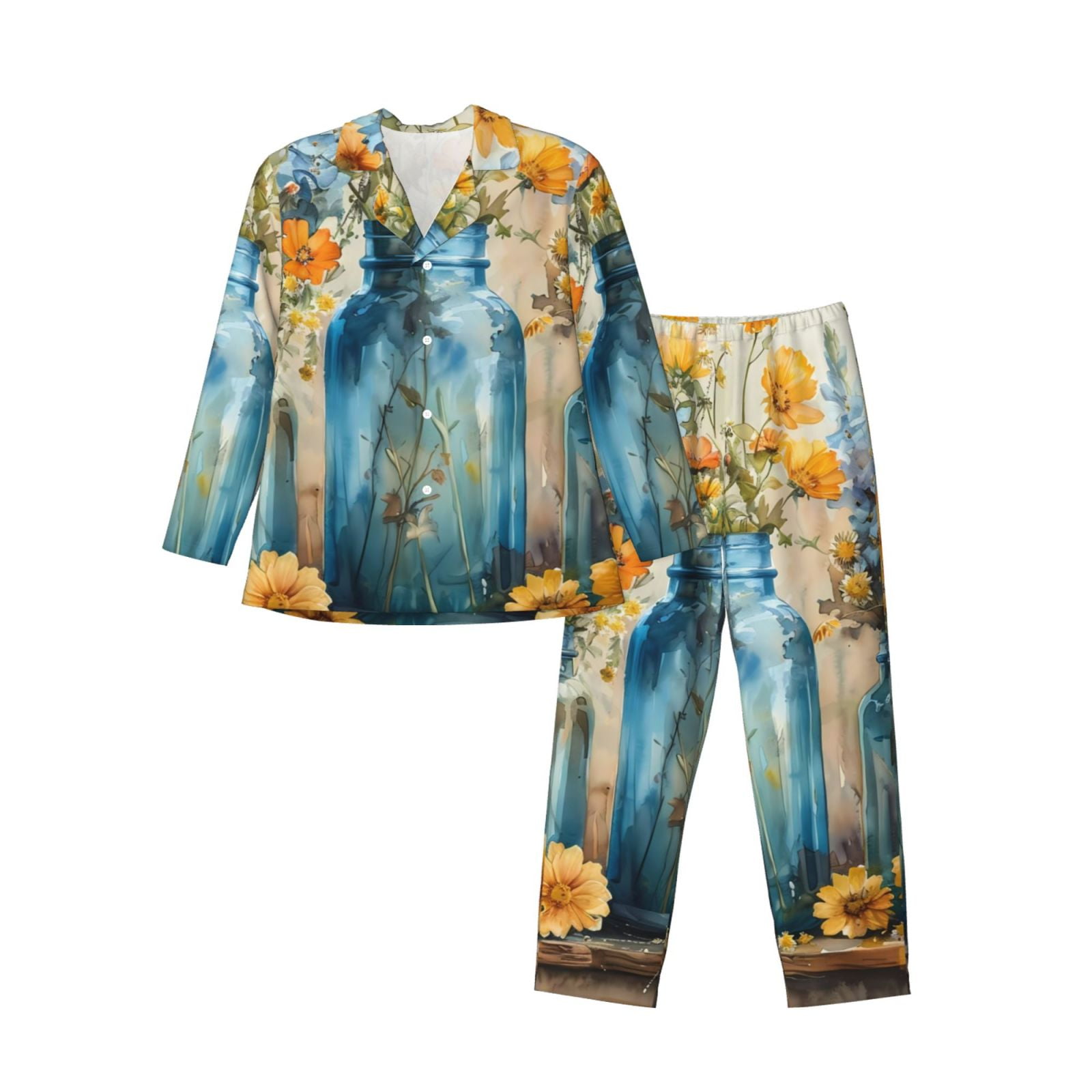 Derioi Rustic Blue Vase Blossoms for Soft Men's Long-Sleeved Pajama Set ...
