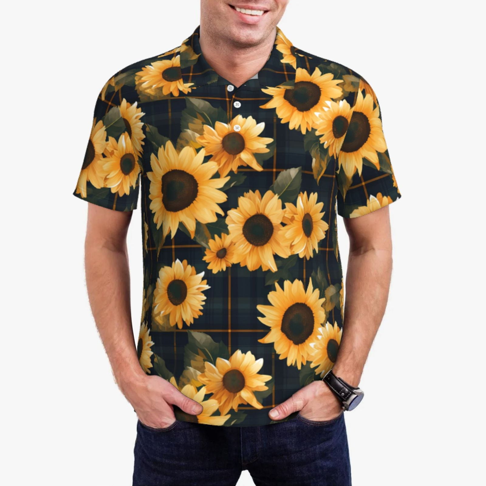 Derioi Scottish Blue Plaid Sunflower for Men's Polo Shirts Short Sleeve ...