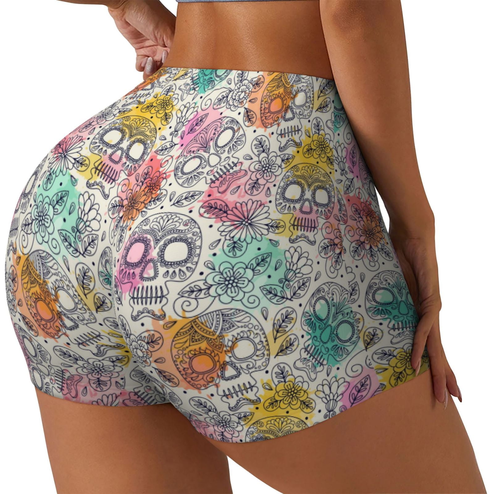 Derioi Skull and Flowers for Women's Workout Shorts Seamless Scrunch ...