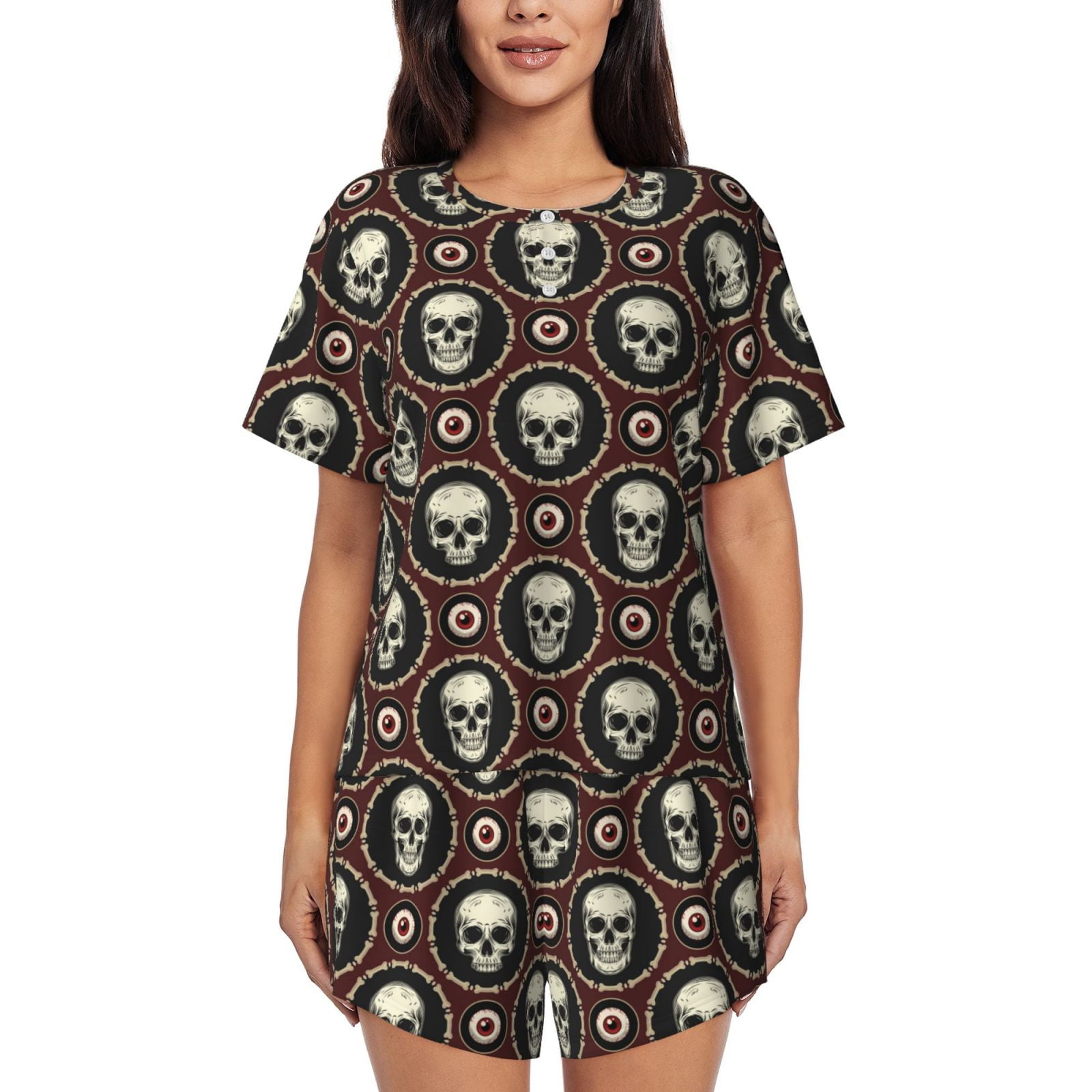 Derioi Skulls And Red Eyeballs for Women's Short-Sleeved Pajama 2 Piece ...