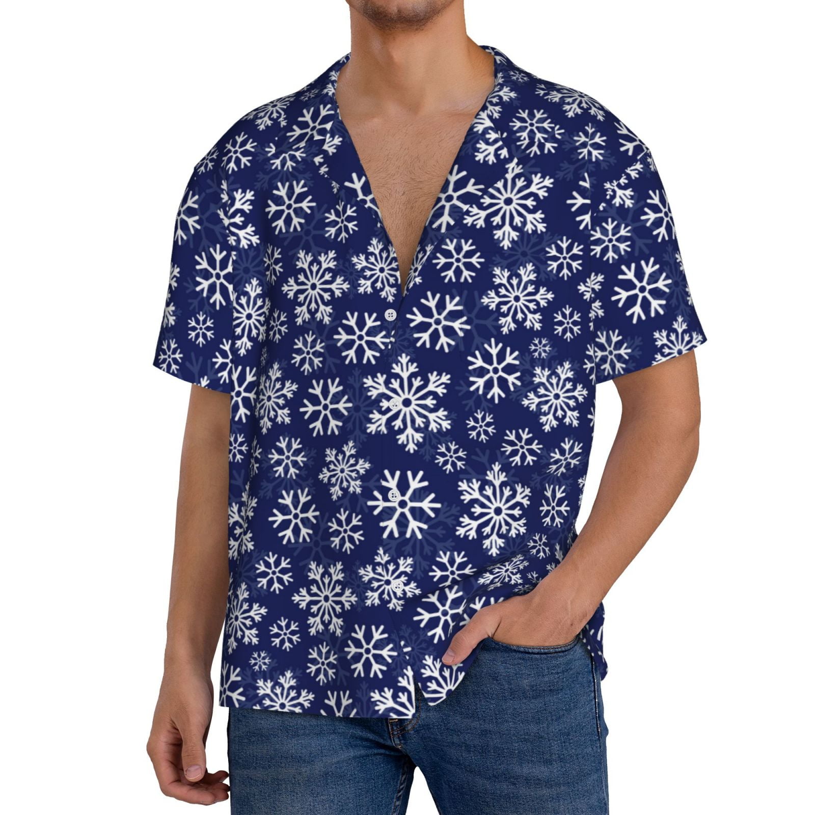 Derioi Snowflakes On Dark Blue for Men's Cuban Collar Short Sleeve ...