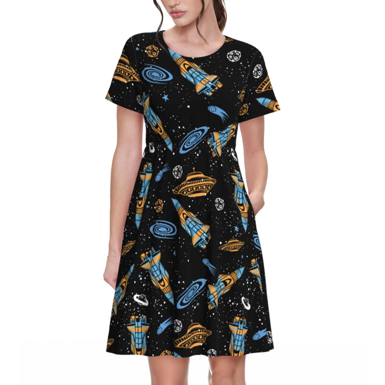 Derioi Space Rockets for Summer Short Sleeve Swing Dresses with Pockets ...