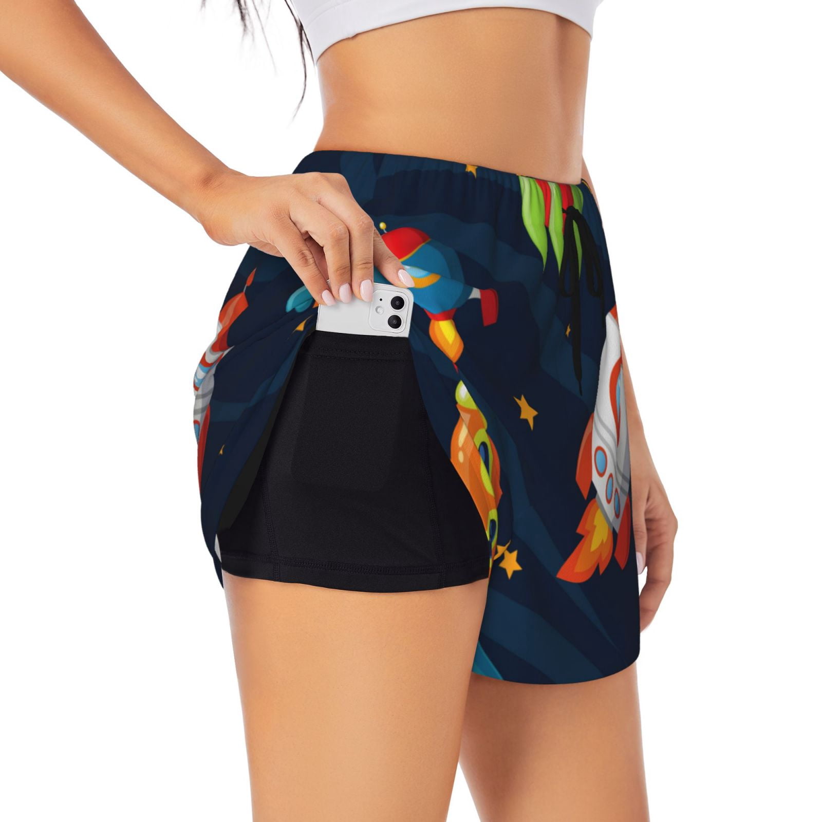 Derioi Spaceships and Stars for Women's Double Layer Sports Shorts with ...
