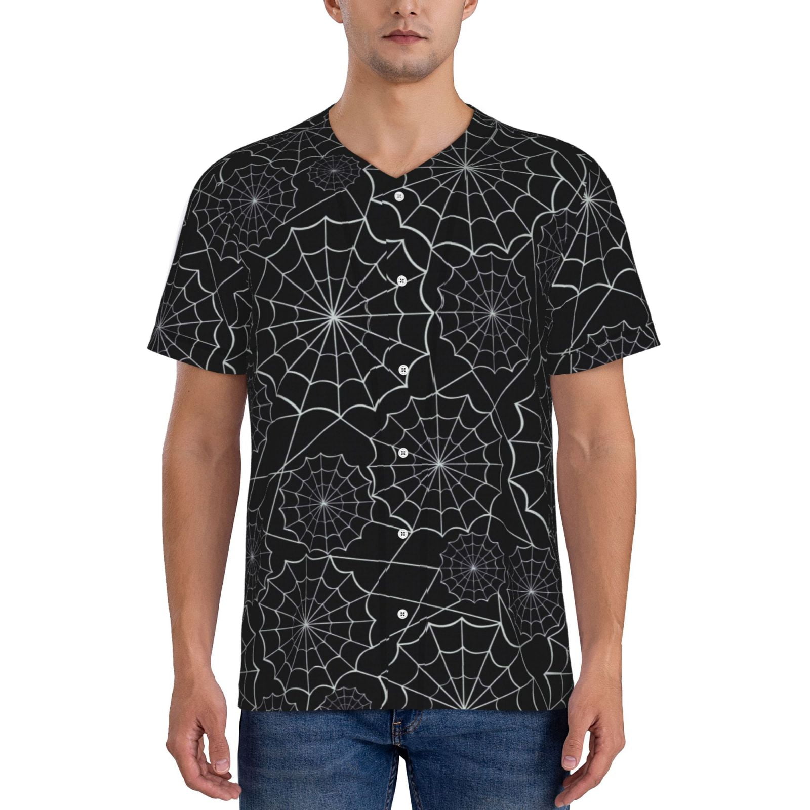 Derioi Spider Web Black for Men's Baseball T-shirt Short Sleeves Button ...