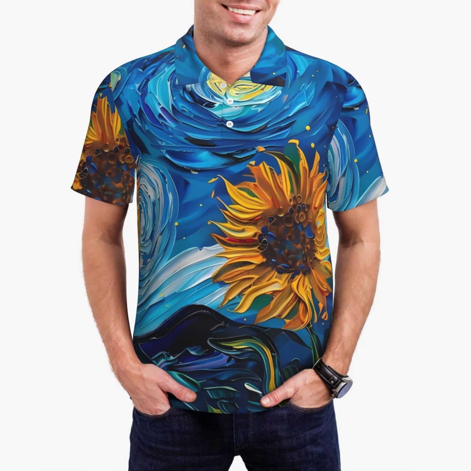 Derioi Starry Night Sunflower Field for Men's Polo Shirts Short Sleeve ...