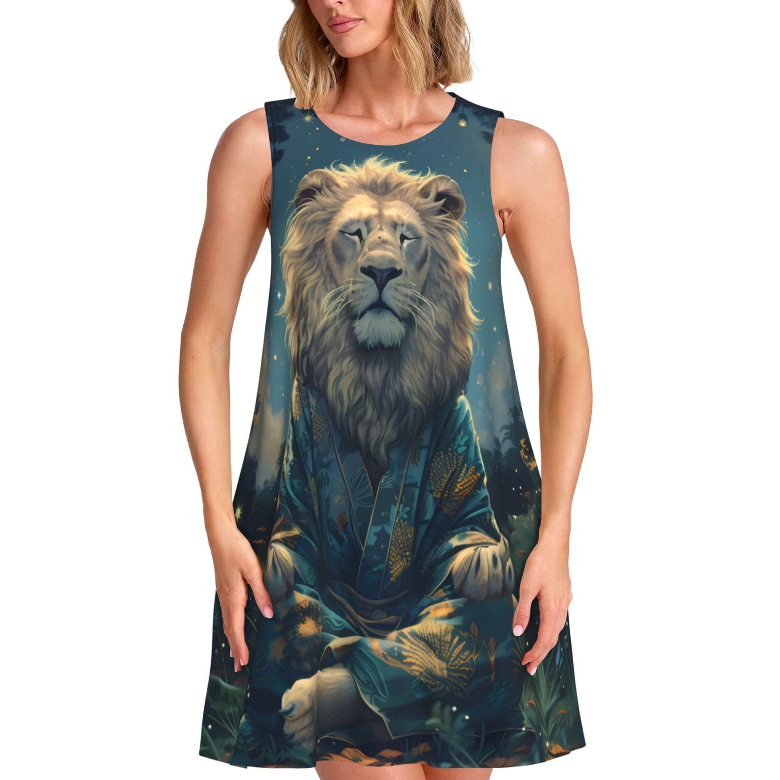 Derioi Starry Sky Meditating Lion For Summer Sleeveless Swing Dresses ...