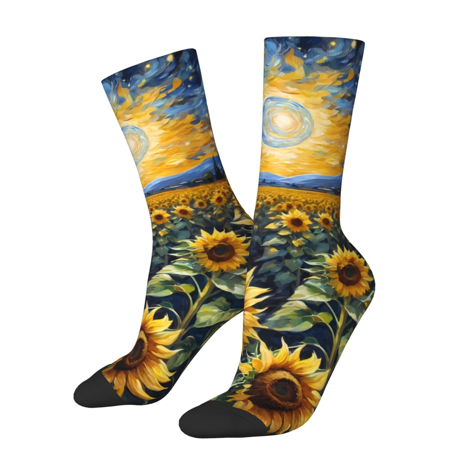 Derioi Starry Sky Moon Sunflower Printed Middle Tube Socks for Adults ...
