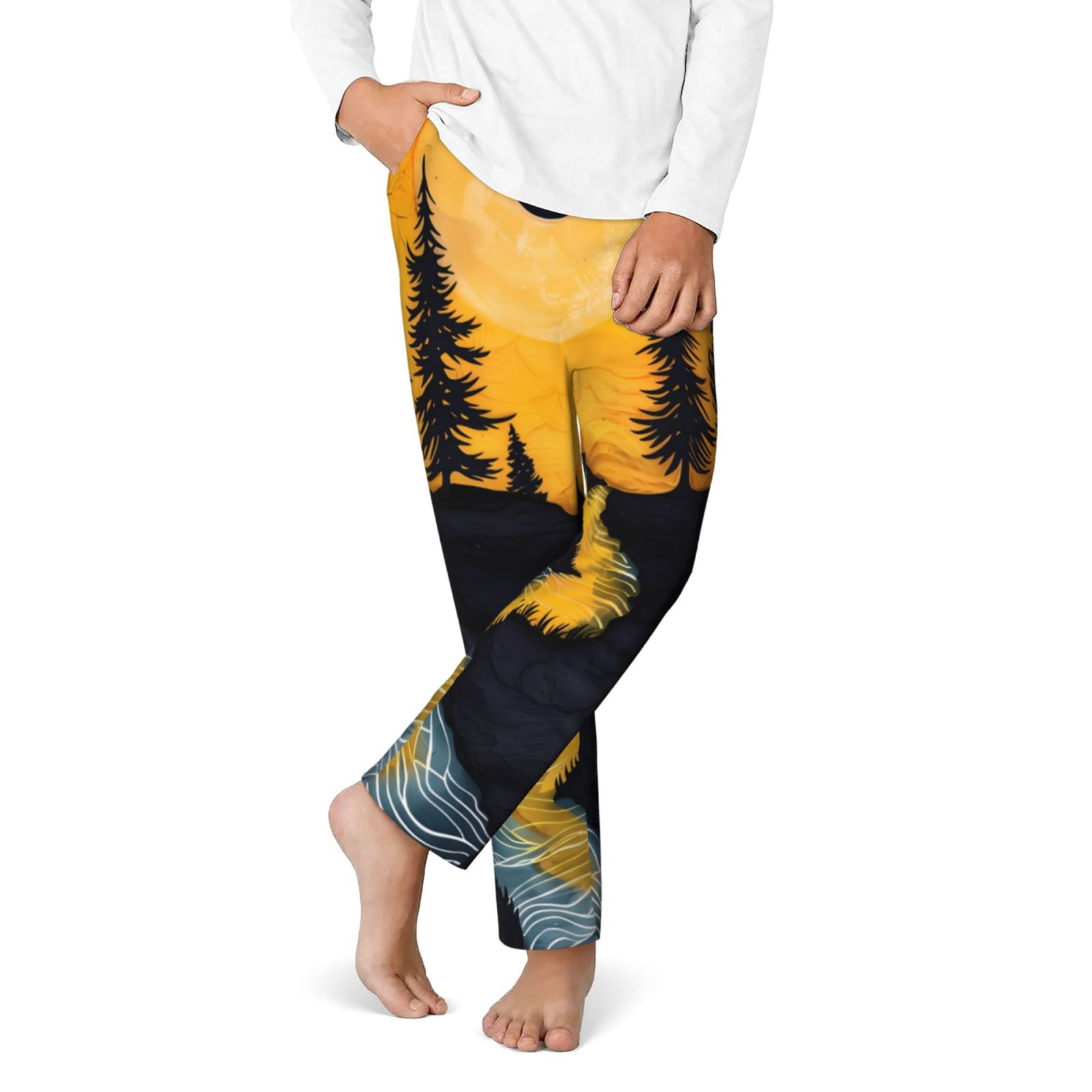 Derioi Sunset River Pine Trees for Pajama Pants Men Elastic Waistband ...