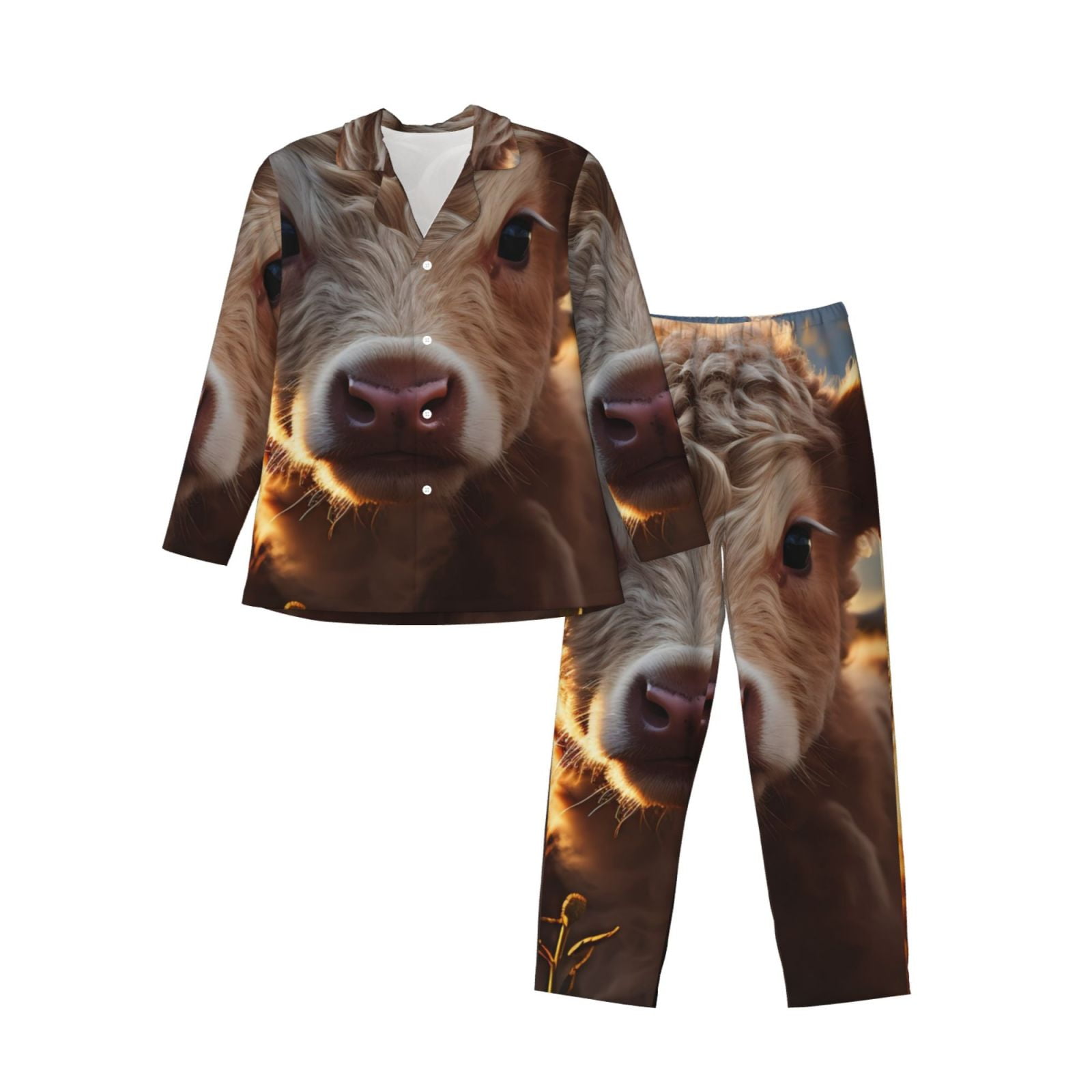 Derioi Sunset Sunflower Small Cow for Soft Men's Long-Sleeved Pajama ...