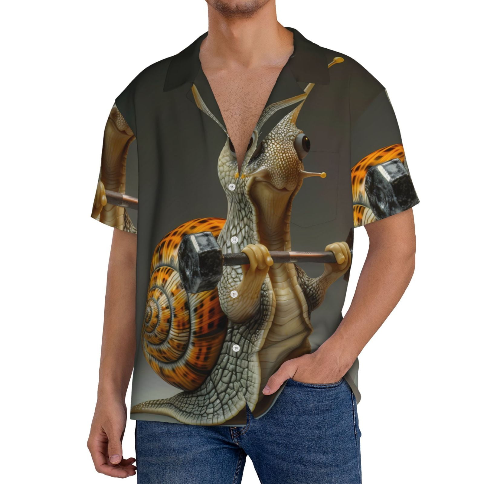 Derioi Surreal Weightlifting Snail for Men's Cuban Collar Short Sleeve ...